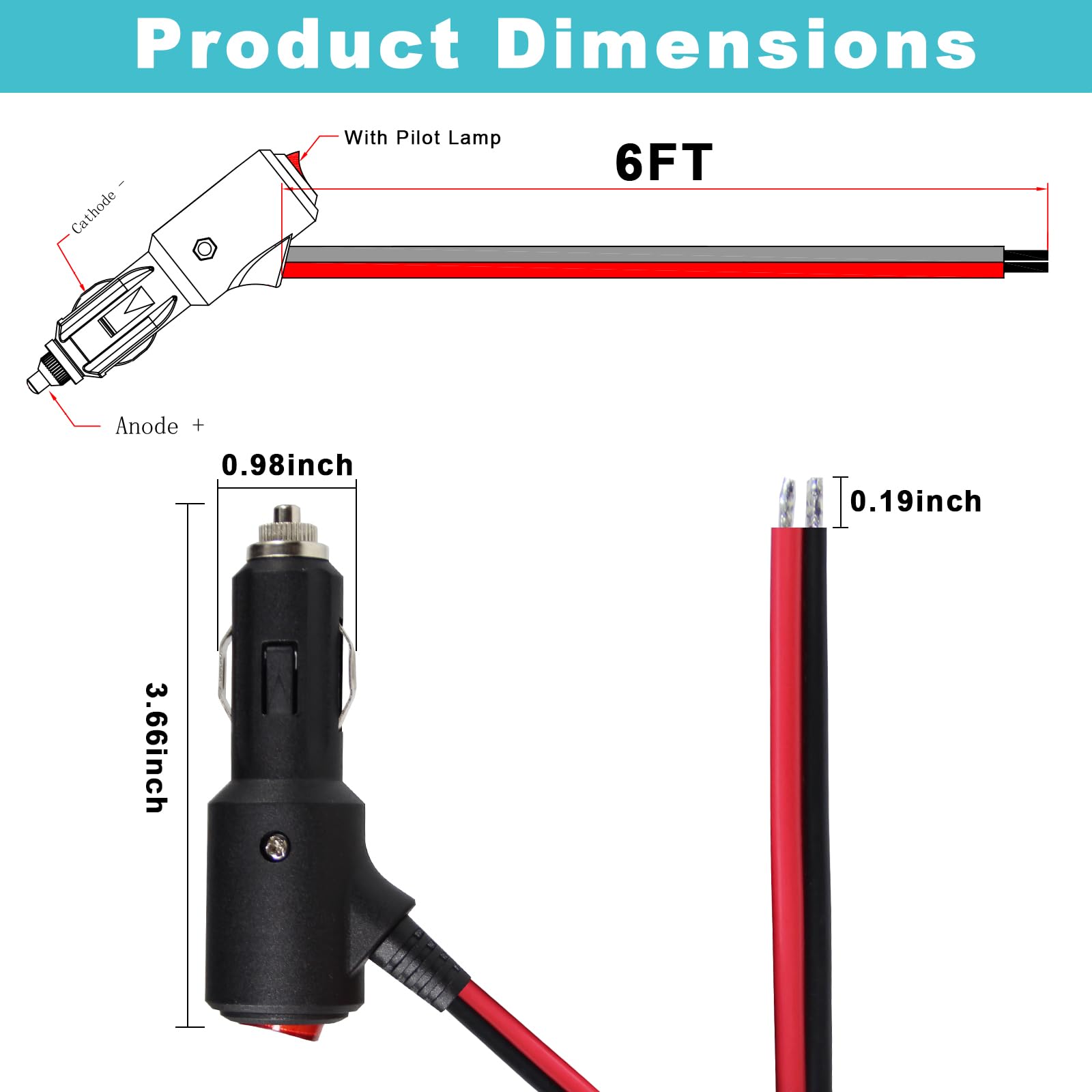 12V Cigarette Lighter Plug with On Off Switch - 6FT 16AWG Fused 15amp Male Plug Cigarette Lighter Replacement with Led Lights,12V Cigarette Lighter with Lead for Car Cooler,Cb Radio, Air Compressor
