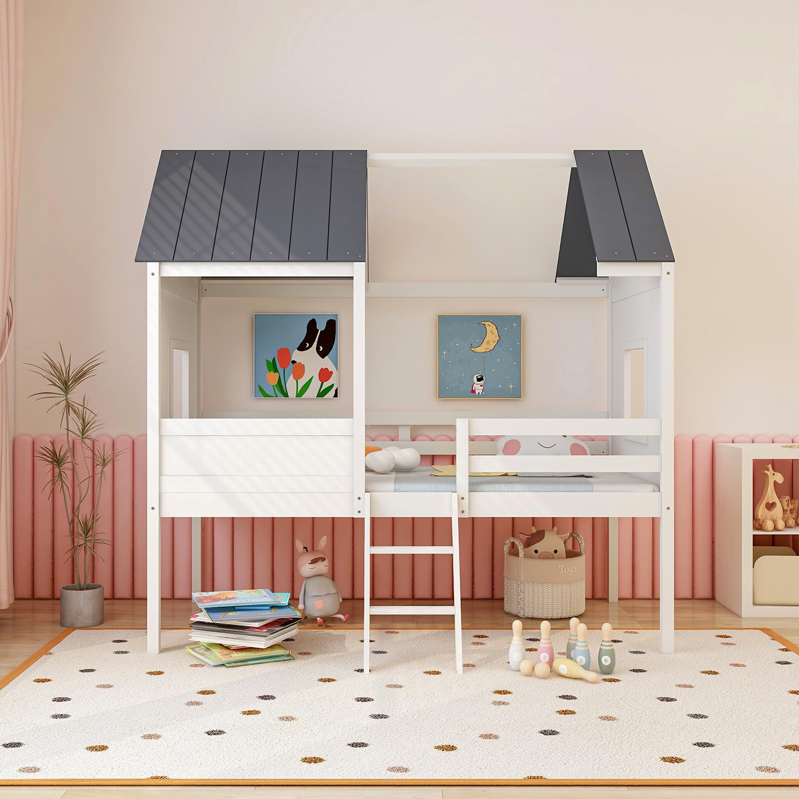 Giantex Twin House Bed Frame, Kids Low Loft Bed Frame with Roof, Side Windows & Ladder, Wooden Slatted Support Playhouse Bed for Girls, Boys, Teens, No Box Spring Needed, White