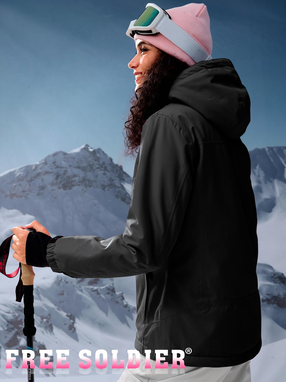FREE SOLDIER Women's Waterproof Ski Snow Jacket Fleece Lined Warm Winter Rain Jacket with Hood Fully Taped Seams(Black,3XL)