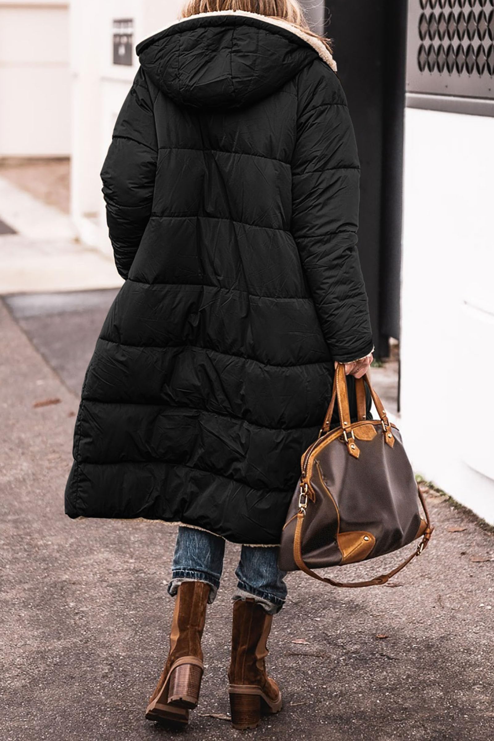 Thatrich Long Puffer Coat Women with Hood Reversible Jackets Long Sleeve Fuzzy Fleece Jacket Winter Warm Down Coat Outerwear