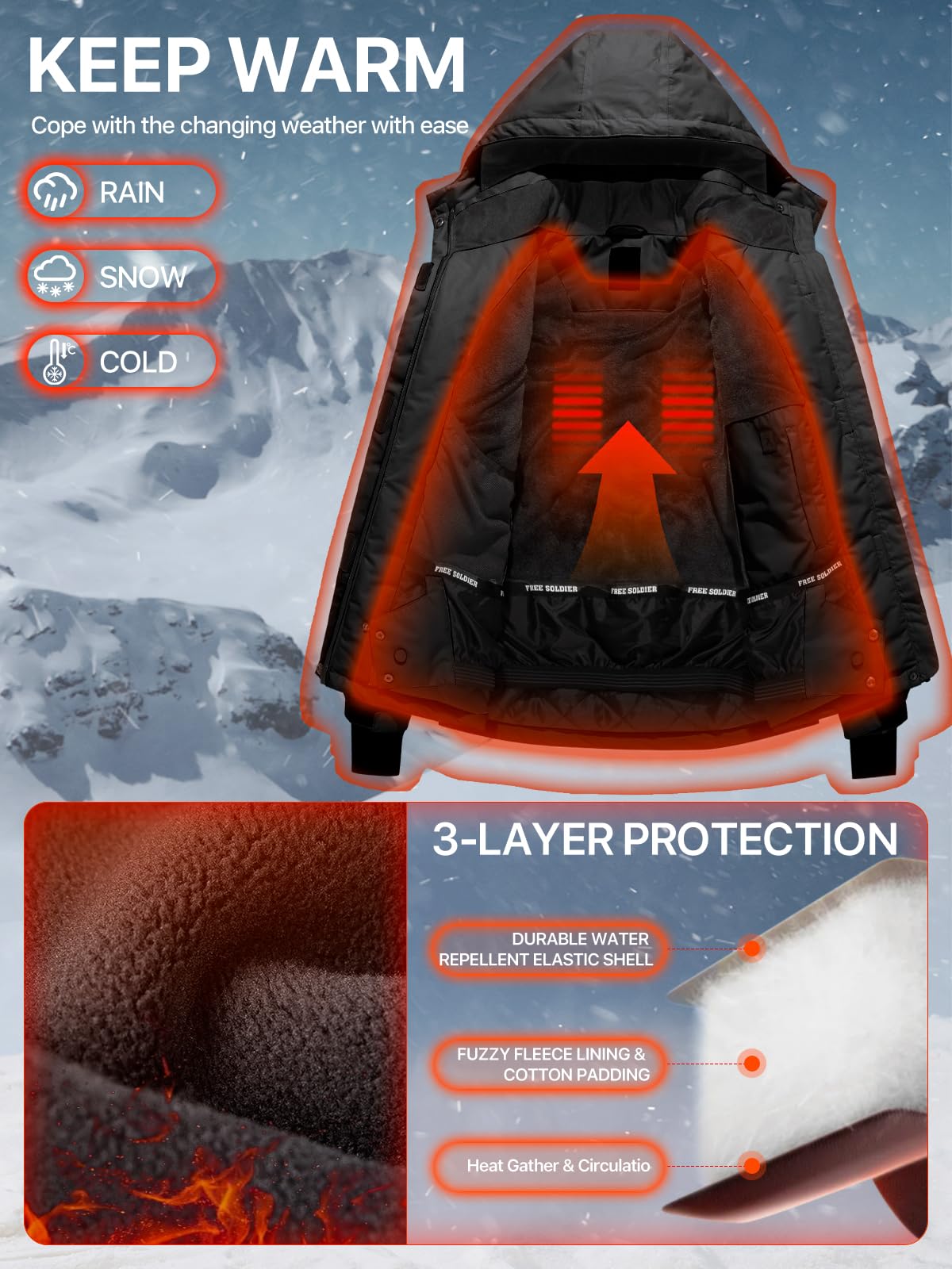 FREE SOLDIER Women's Waterproof Ski Snow Jacket Fleece Lined Warm Winter Rain Jacket with Hood Fully Taped Seams(Black,3XL)