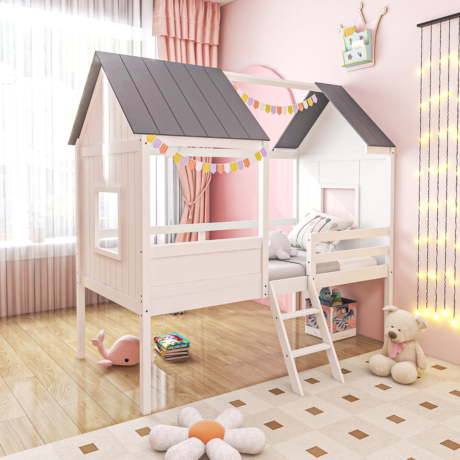 Giantex Twin House Bed Frame, Kids Low Loft Bed Frame with Roof, Side Windows & Ladder, Wooden Slatted Support Playhouse Bed for Girls, Boys, Teens, No Box Spring Needed, White