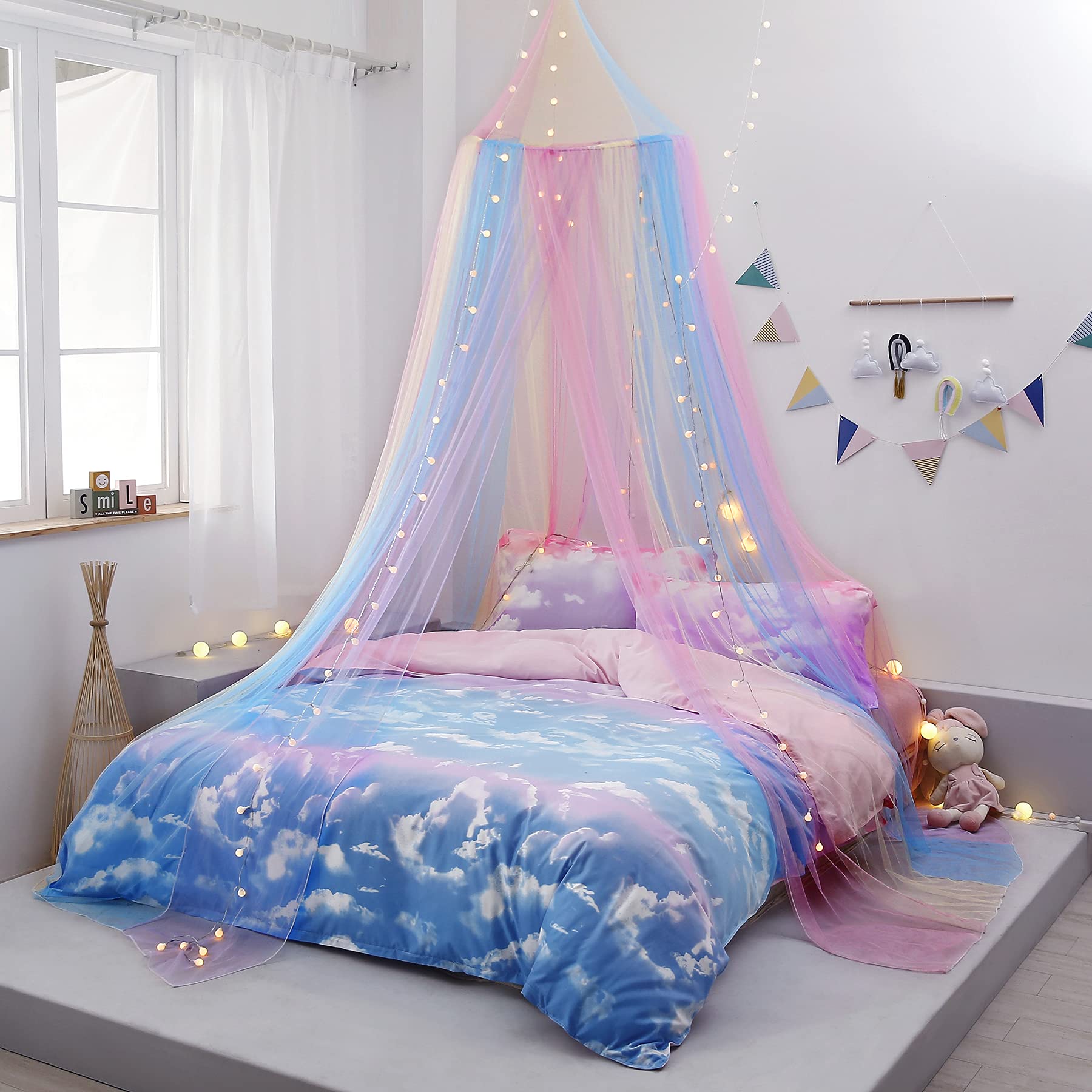 Rainbow Bed Canopy with Lights - Girls Room Bed Netting for Twin, Single, Full, Queen Size Beds - Reading Corners Room Decor