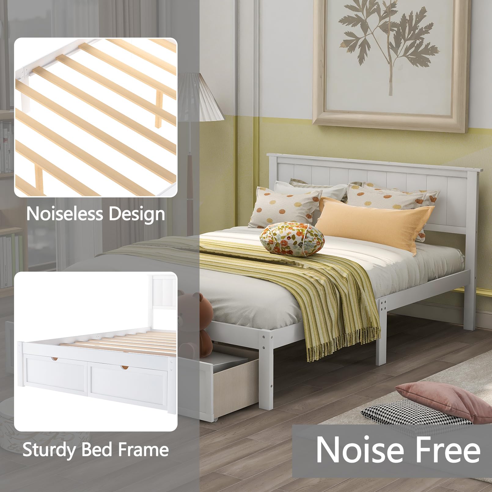 Twin Size Country Wooden Platform Bed Frames with Large Storage Drawers/Headboard, Modern Simple Platform Bed with Solid Wood Slat for Bedroom Small Living Space Boys Girls, Under Bed Storage, White
