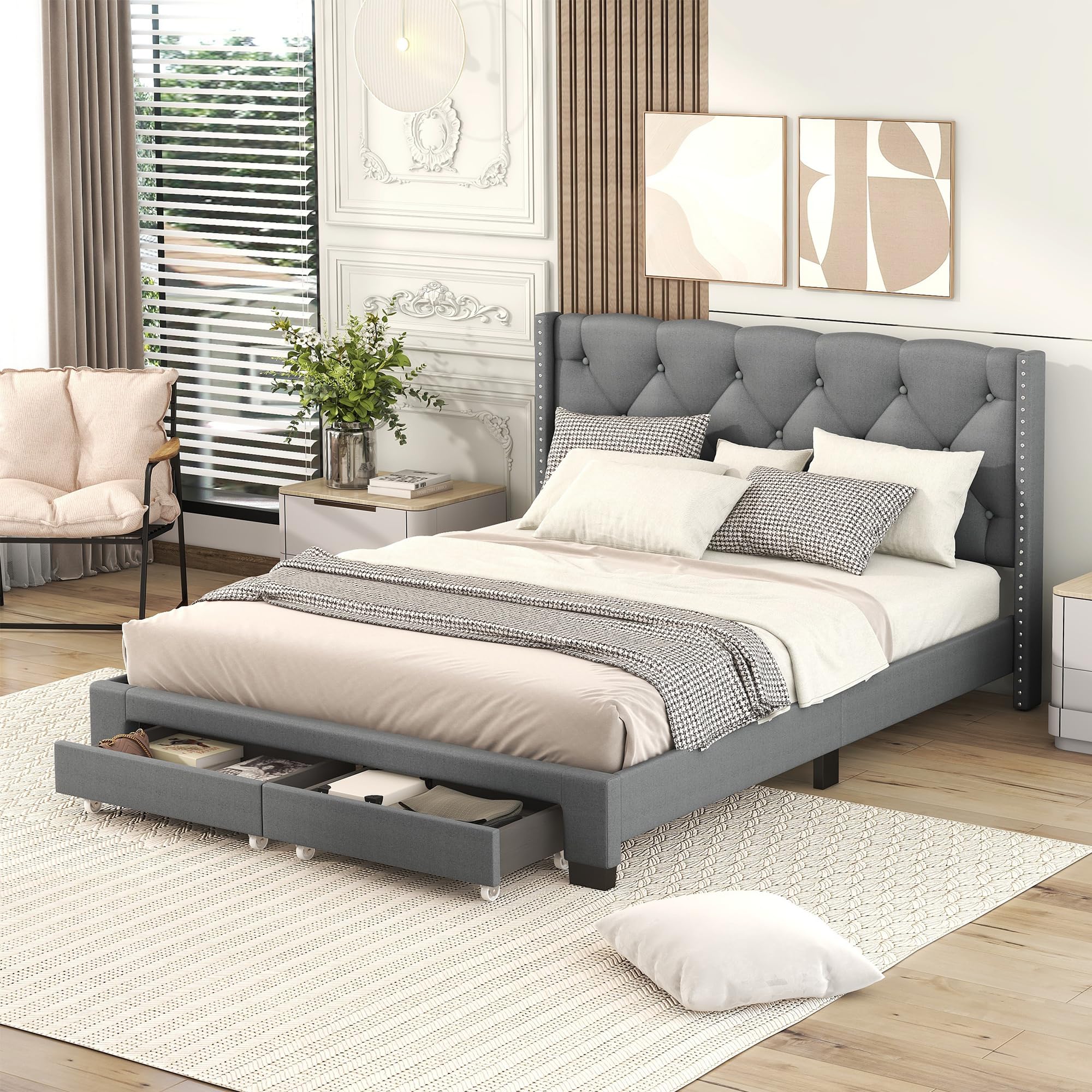 DNYN Upholstered Queen Size Platform Bed with Storage for Kids,Adults Bedroom,Linen Fabric Bedframe w/Two Drawers & Tufted Nailed Headboard,No Box Spring Needed & Space Saving Design, Gray