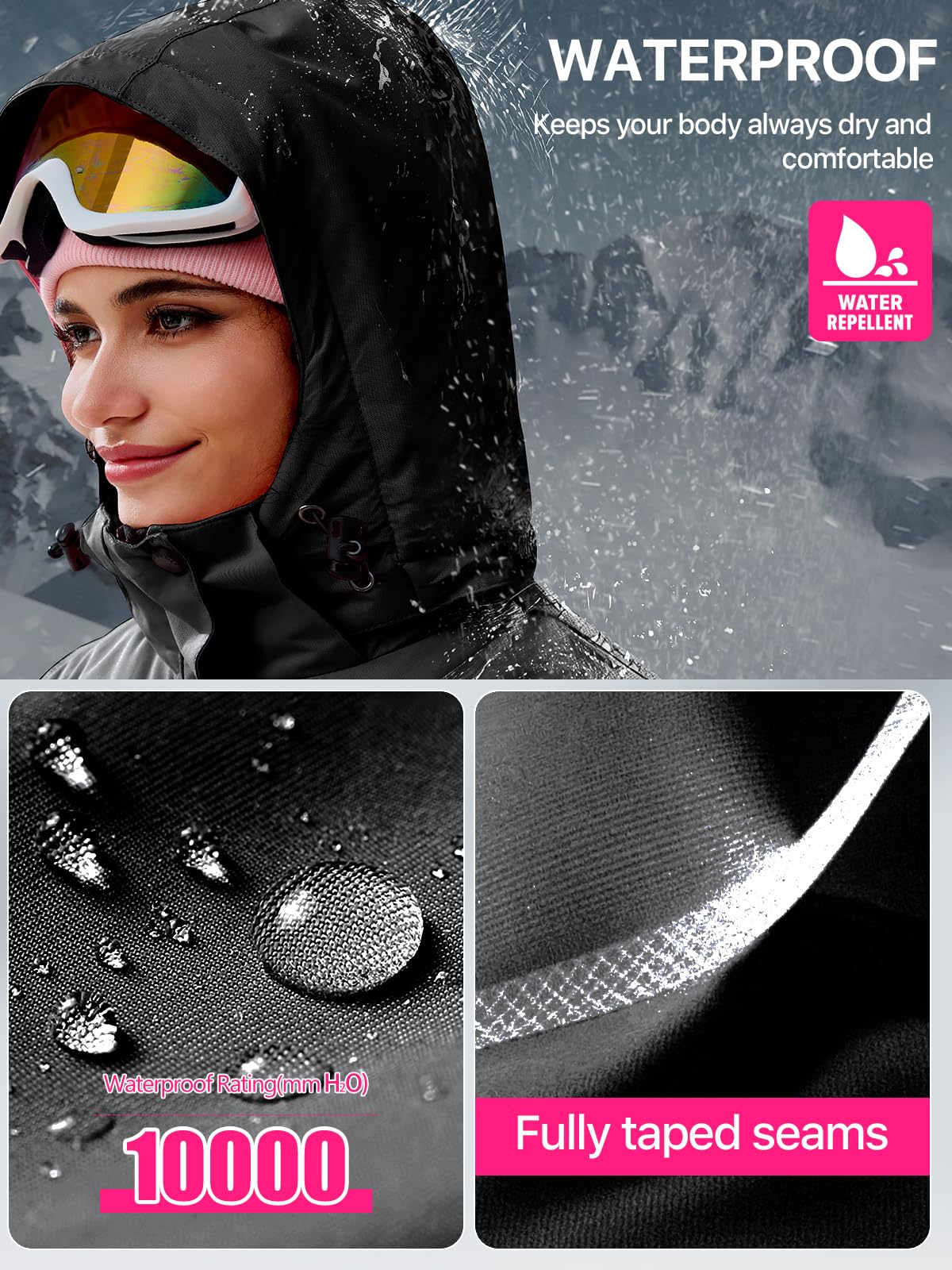 FREE SOLDIER Women's Waterproof Ski Snow Jacket Fleece Lined Warm Winter Rain Jacket with Hood Fully Taped Seams(Black,3XL)