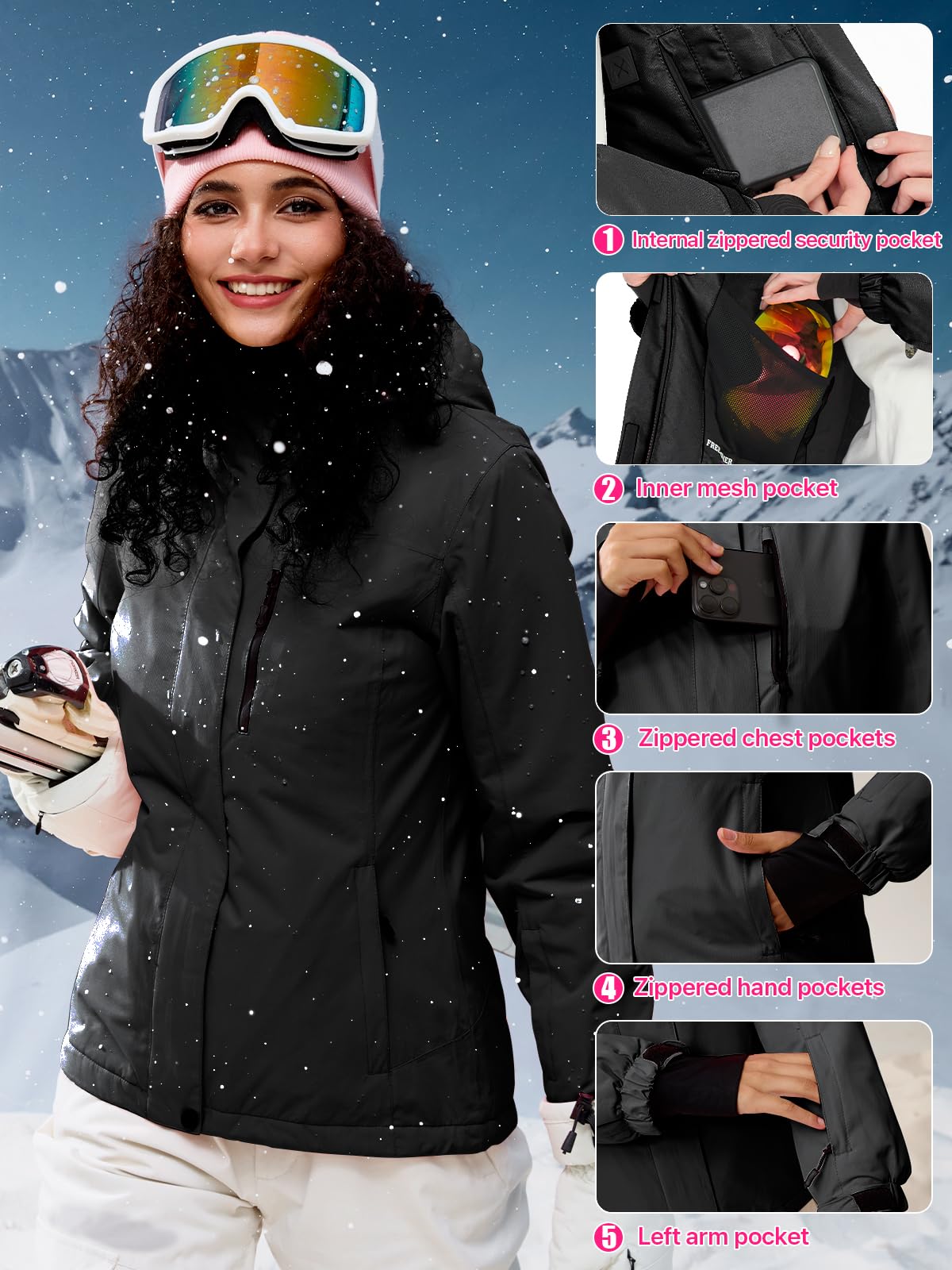 FREE SOLDIER Women's Waterproof Ski Snow Jacket Fleece Lined Warm Winter Rain Jacket with Hood Fully Taped Seams(Black,3XL)