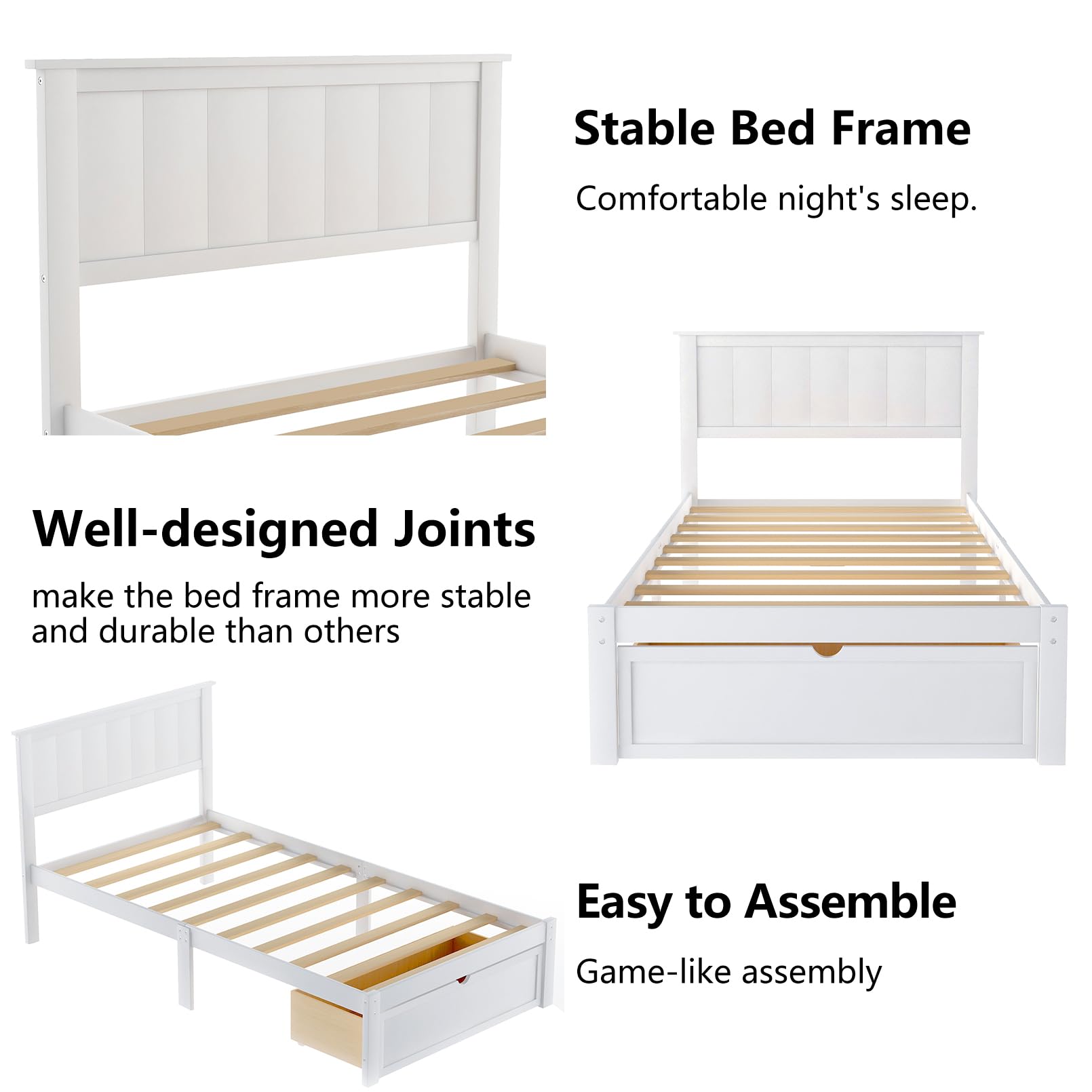 Twin Size Country Wooden Platform Bed Frames with Large Storage Drawers/Headboard, Modern Simple Platform Bed with Solid Wood Slat for Bedroom Small Living Space Boys Girls, Under Bed Storage, White