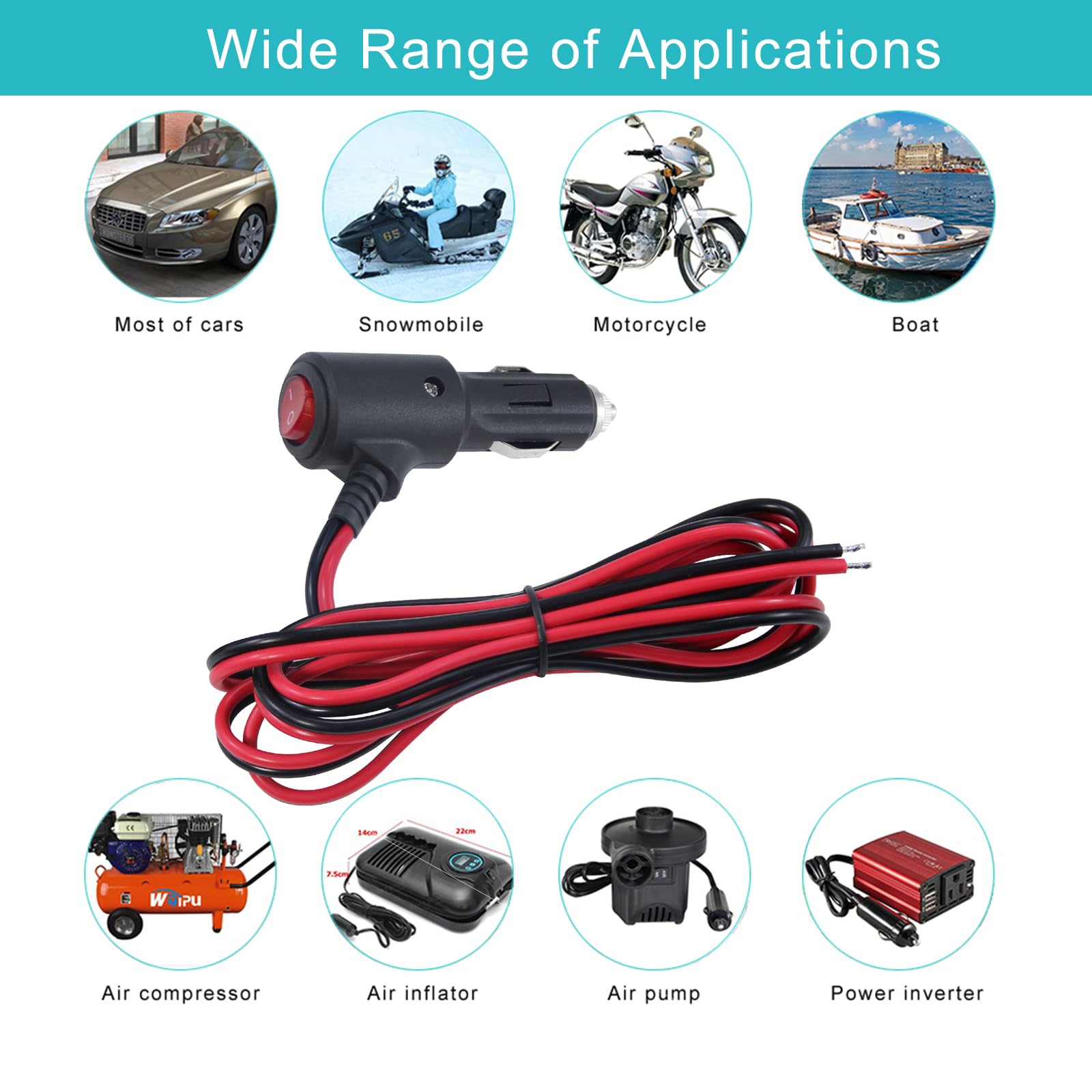 12V Cigarette Lighter Plug with On Off Switch - 6FT 16AWG Fused 15amp Male Plug Cigarette Lighter Replacement with Led Lights,12V Cigarette Lighter with Lead for Car Cooler,Cb Radio, Air Compressor