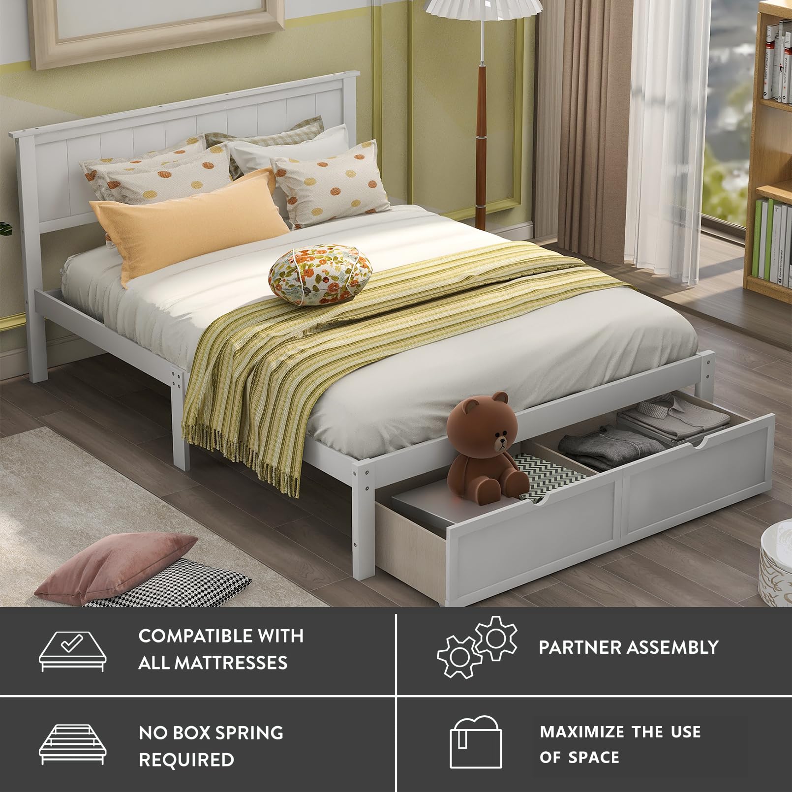 Twin Size Country Wooden Platform Bed Frames with Large Storage Drawers/Headboard, Modern Simple Platform Bed with Solid Wood Slat for Bedroom Small Living Space Boys Girls, Under Bed Storage, White