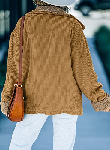 Dokotoo Stylish Women's Ladies Thick Sherpa Lined Warm Corduroy Jackets Classic Button Down Long Sleeve Comfy Teddy Bear Oversized Coat for Fall Winter with Side Pockets Brown 2XL