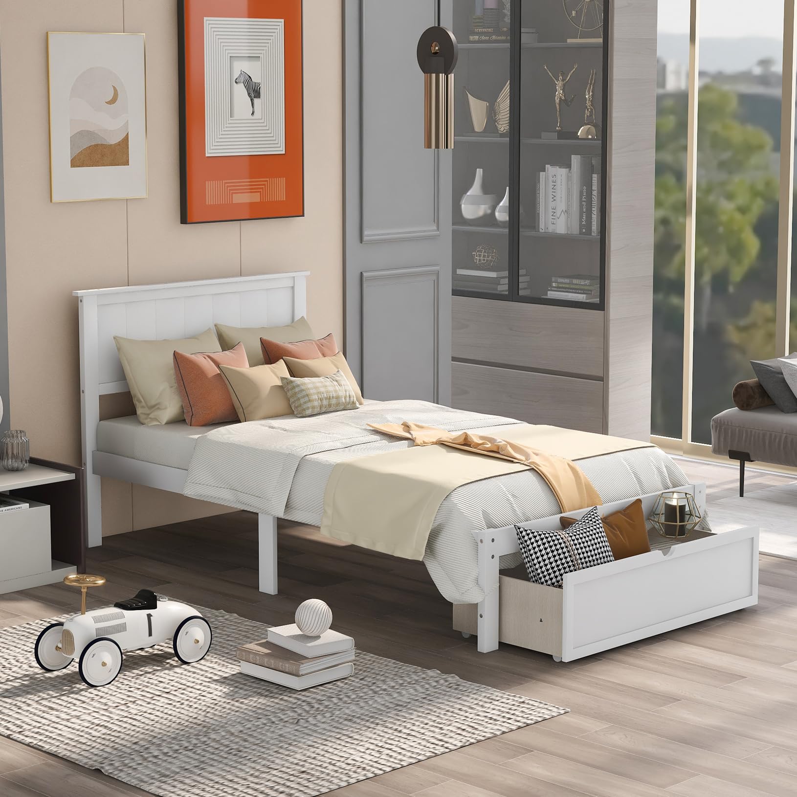 Twin Size Country Wooden Platform Bed Frames with Large Storage Drawers/Headboard, Modern Simple Platform Bed with Solid Wood Slat for Bedroom Small Living Space Boys Girls, Under Bed Storage, White