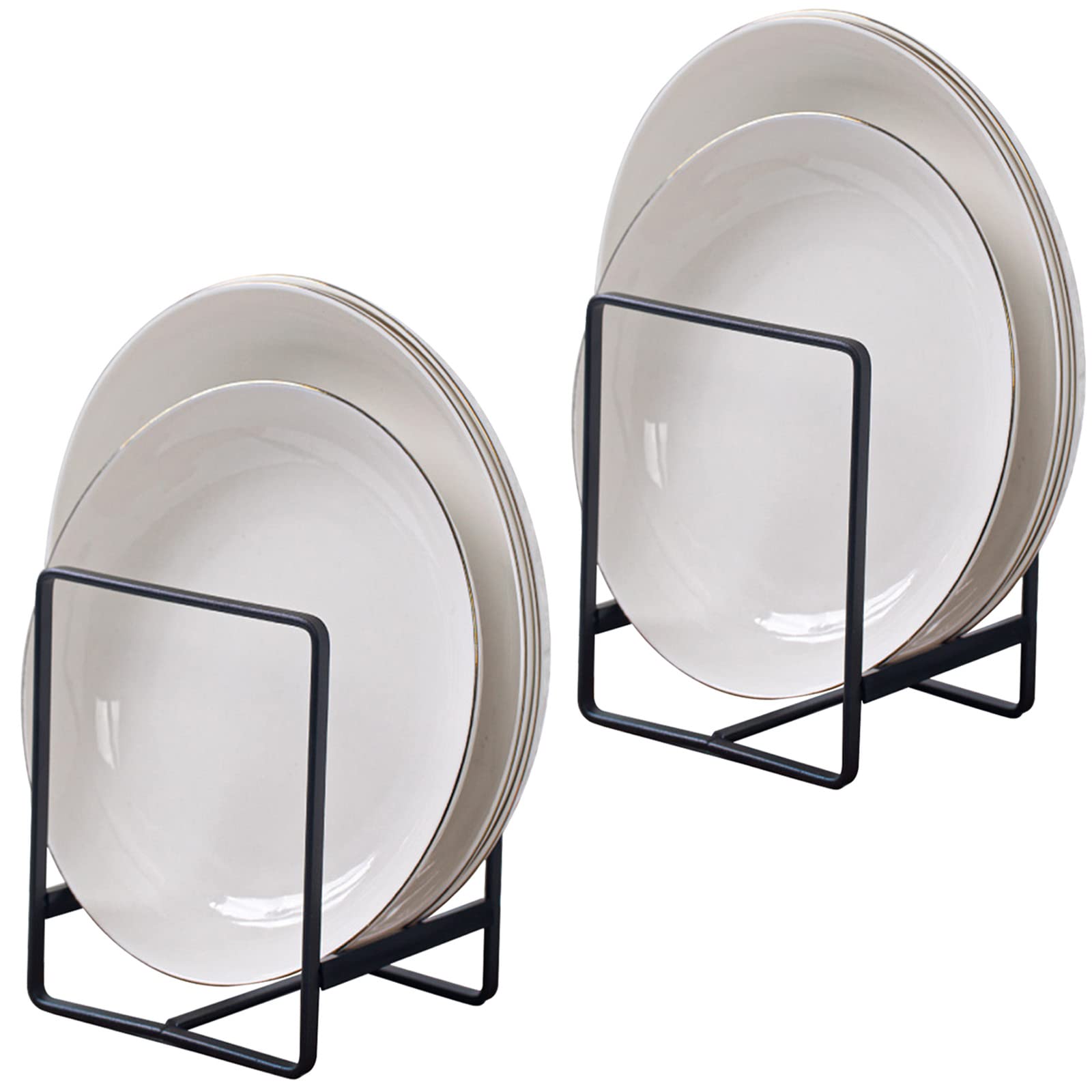 Klyuqoz Plate Organizer for Cabinet, 2Pack Metal Plate Holders,Plate Racks for Kitchen Cabinets, For Pantry, Shelves, Frying Pans, Lids, Cutting Boards, Vertical Or Horizontal Placement (Black)
