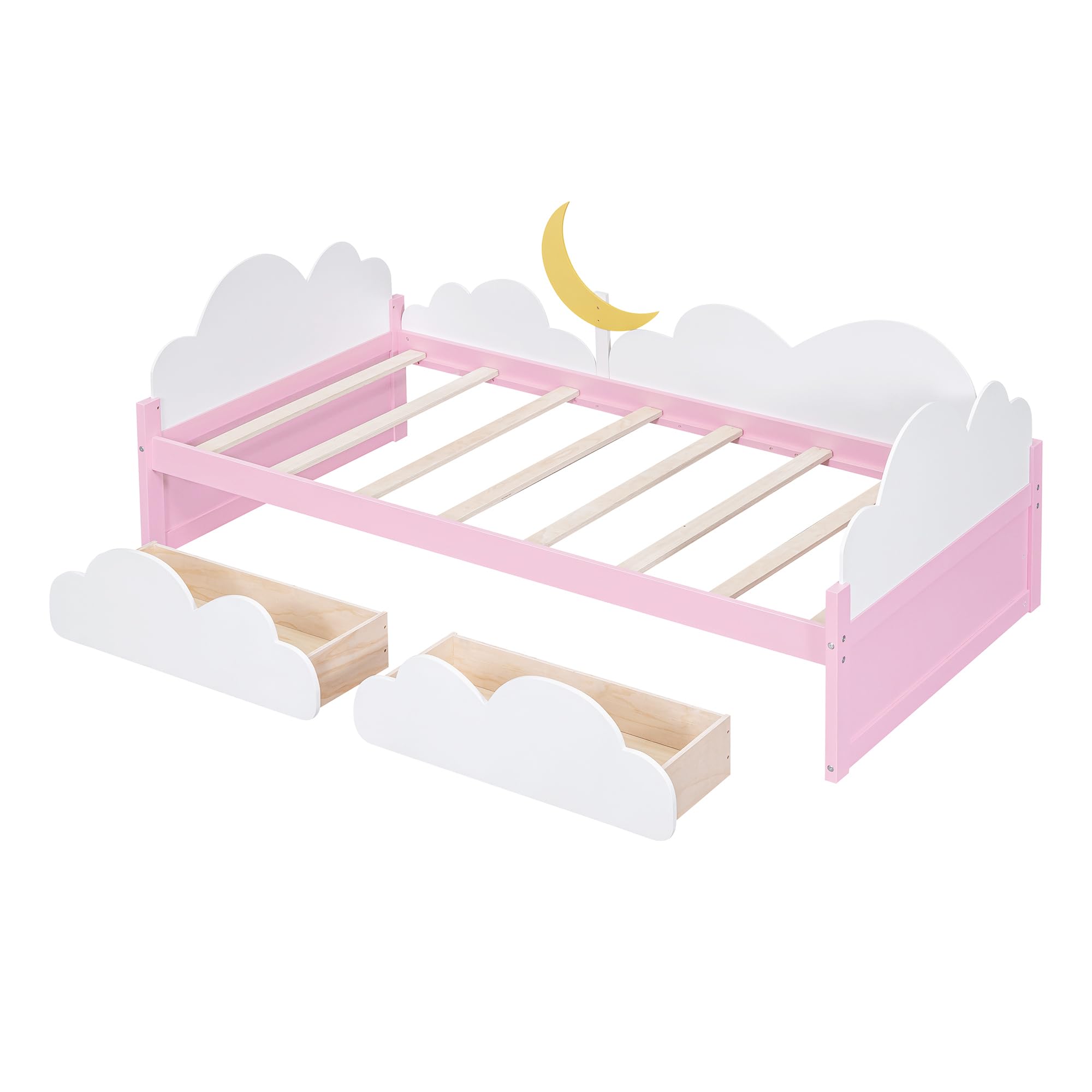 Yehha Twin Daybed for Kids, Solid Wood Bedframe w/Clouds and Moon Decor, 2 Storage Drawers, Cartoon Low Bed Frame for Boys & Girls Bedroom, Pink