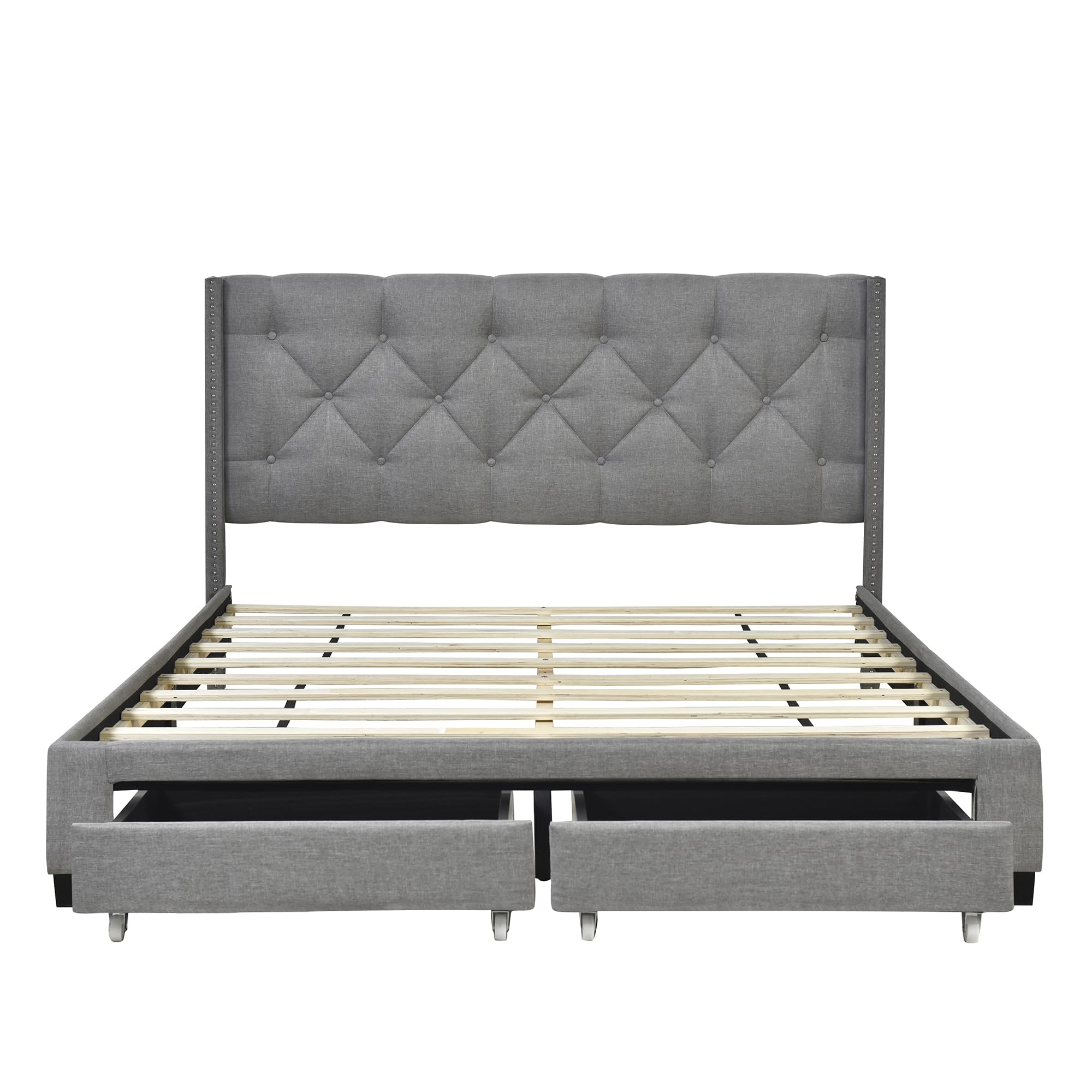 DNYN Upholstered Queen Size Platform Bed with Storage for Kids,Adults Bedroom,Linen Fabric Bedframe w/Two Drawers & Tufted Nailed Headboard,No Box Spring Needed & Space Saving Design, Gray