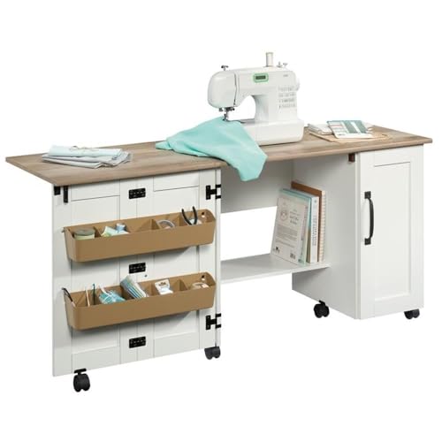 Pemberly Row Contemporary Engineered Wood Sewing Craft Table in Soft White