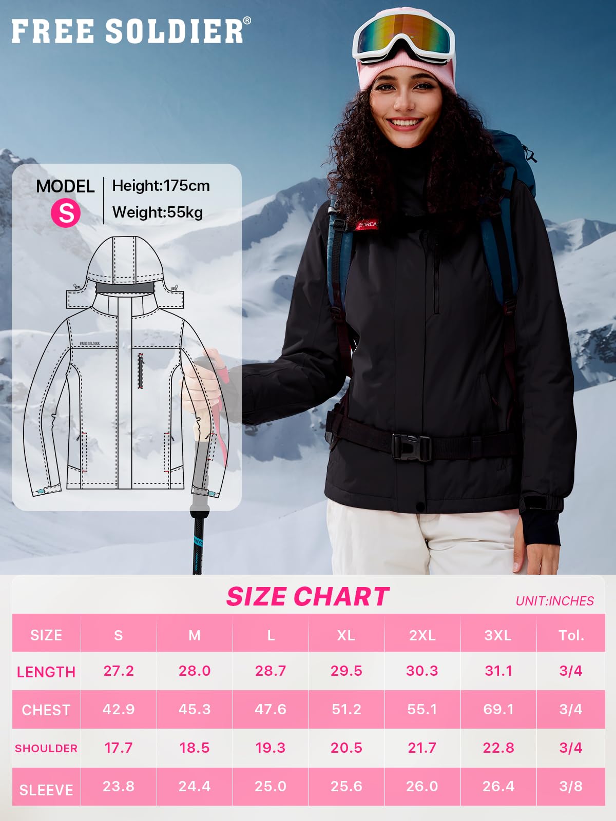 FREE SOLDIER Women's Waterproof Ski Snow Jacket Fleece Lined Warm Winter Rain Jacket with Hood Fully Taped Seams(Black,3XL)