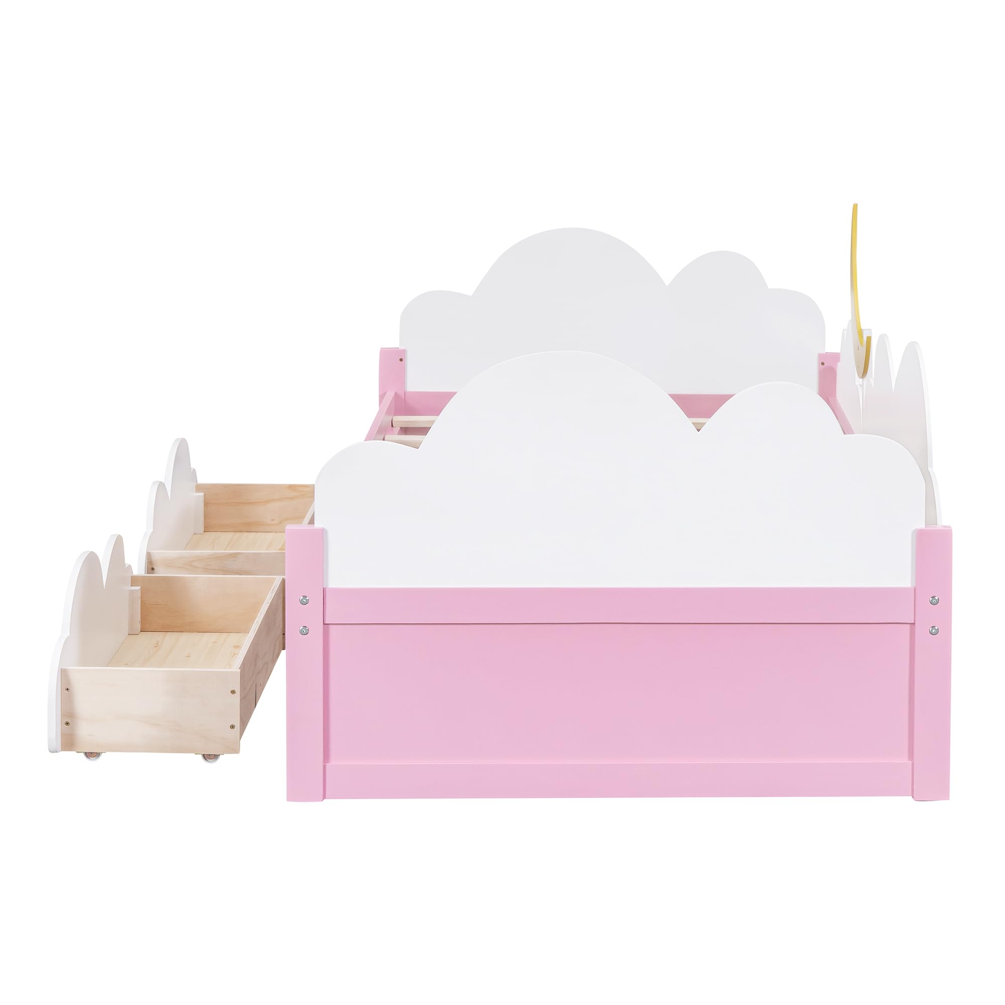 Yehha Twin Daybed for Kids, Solid Wood Bedframe w/Clouds and Moon Decor, 2 Storage Drawers, Cartoon Low Bed Frame for Boys & Girls Bedroom, Pink