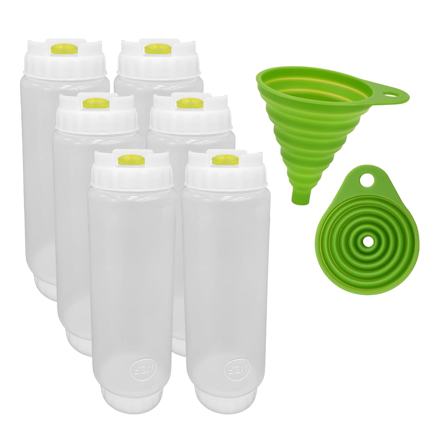 FIFO Squeeze Bottle Refillable (6 Pack) Yellow Dispenser for Most Condiments, Smooth Sauces, Ketchup, Mustard, BBQ and Dressing with Flexible Funnel (Yellow)