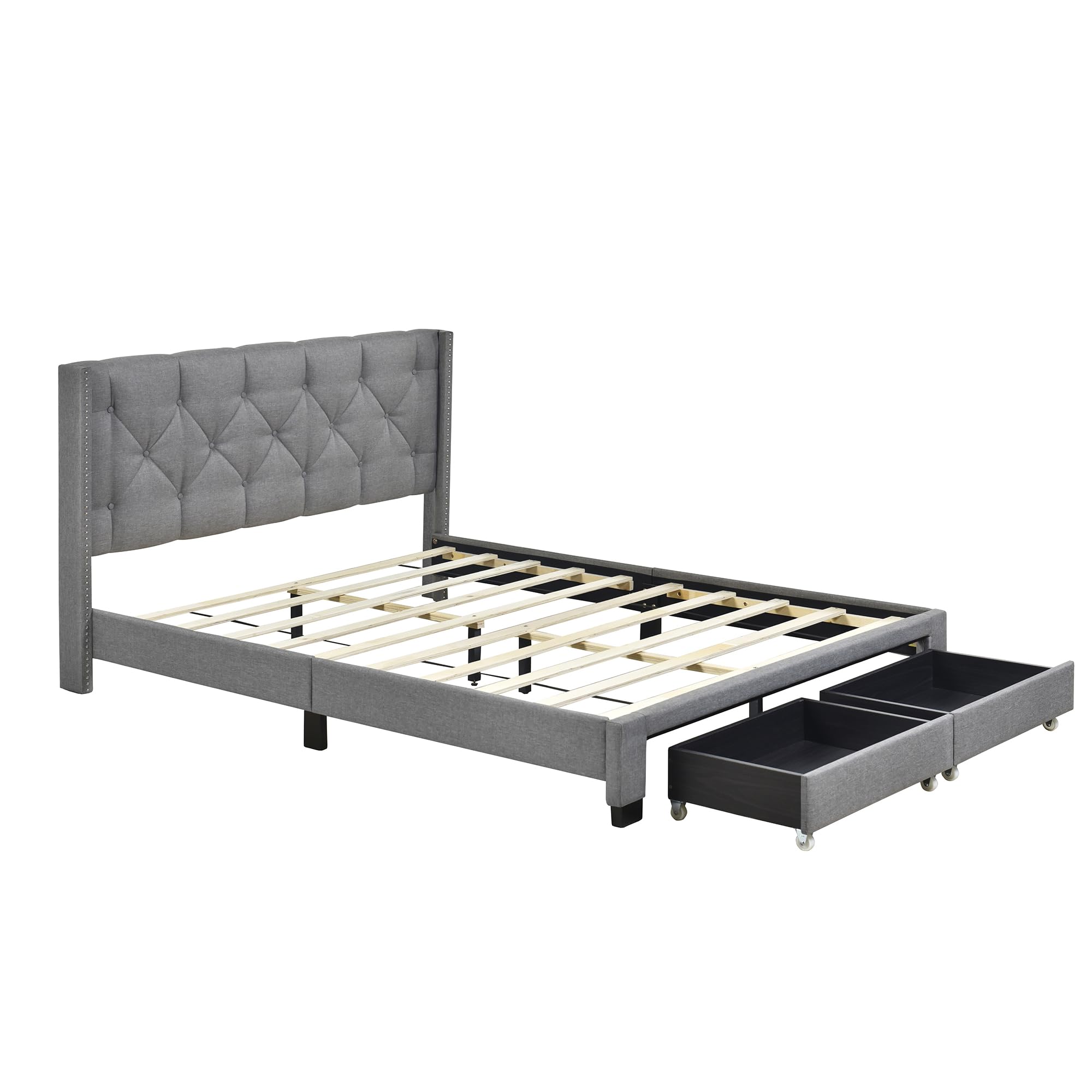 DNYN Upholstered Queen Size Platform Bed with Storage for Kids,Adults Bedroom,Linen Fabric Bedframe w/Two Drawers & Tufted Nailed Headboard,No Box Spring Needed & Space Saving Design, Gray