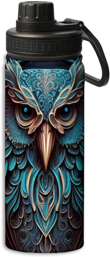 OOZ Ornate owl on blue background pattern 18 oz Sports Insulated Kettle Stainless Steel Water Bottles Outdoors,Leak Proof,Blue