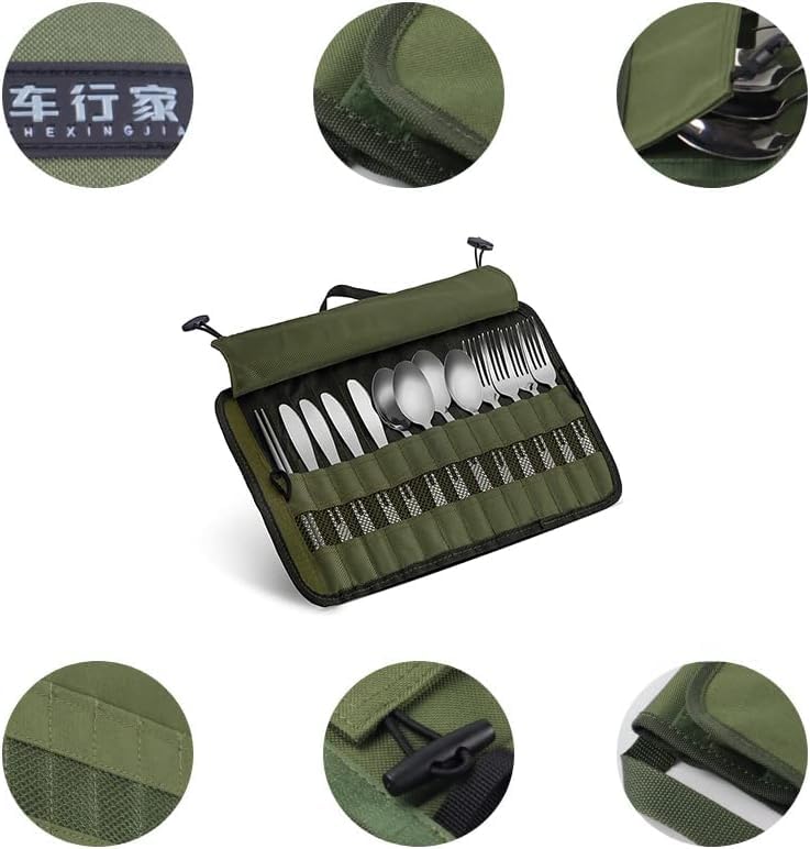 xiaoguozi Cutlery Storage Bag,Portable Polyester Roll Up Pouch Bag For Forks, Spoons, Chopstick,Water Resistant Storage Kitchen Cooking Utensil Set Travel Organizer, Army Green