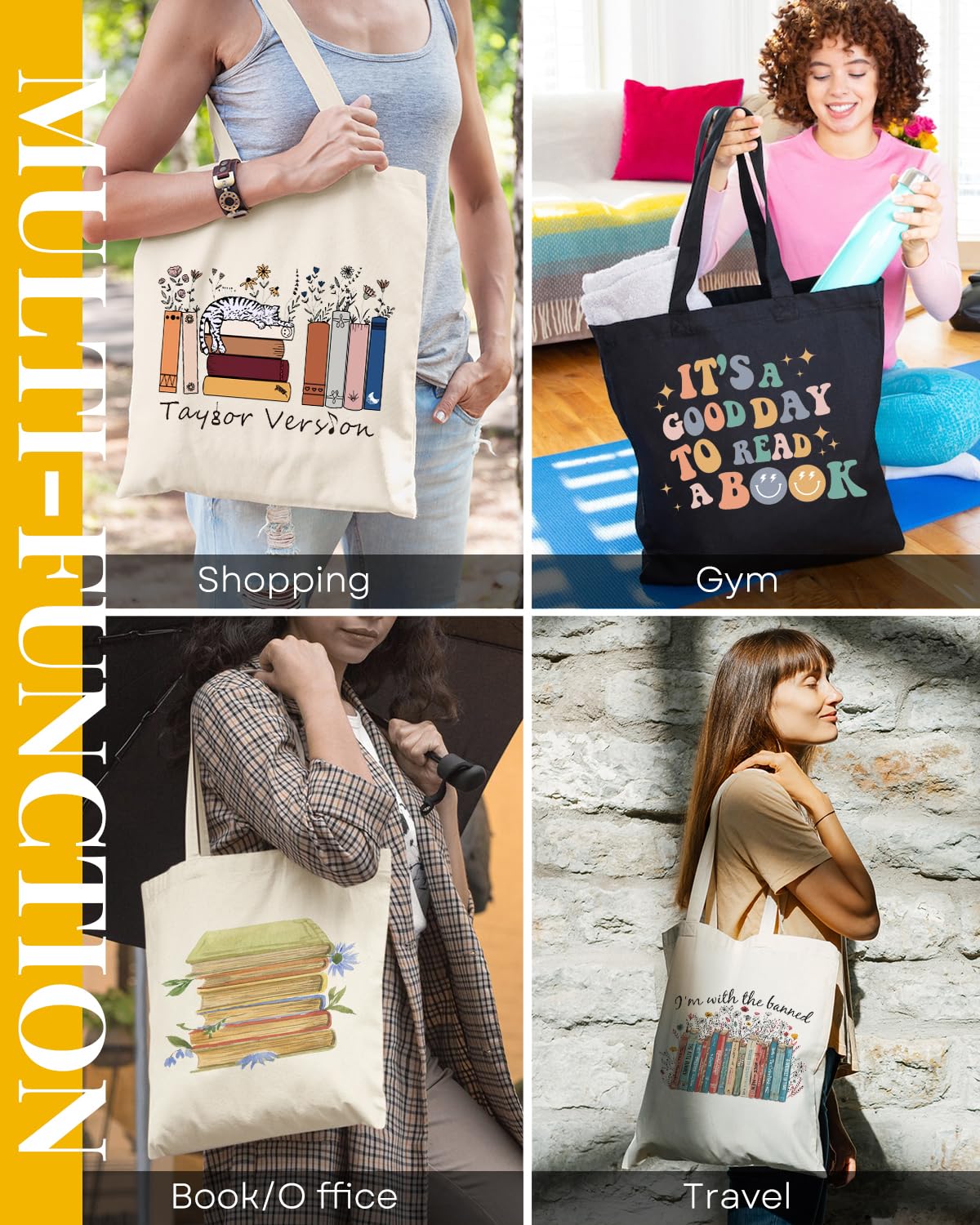 AUSVKAI Cute Canvas Tote Bag Aesthetic For Women Book Book Grocery Bag Cotton Vacation Shopping Beach Totes Gift -Cat