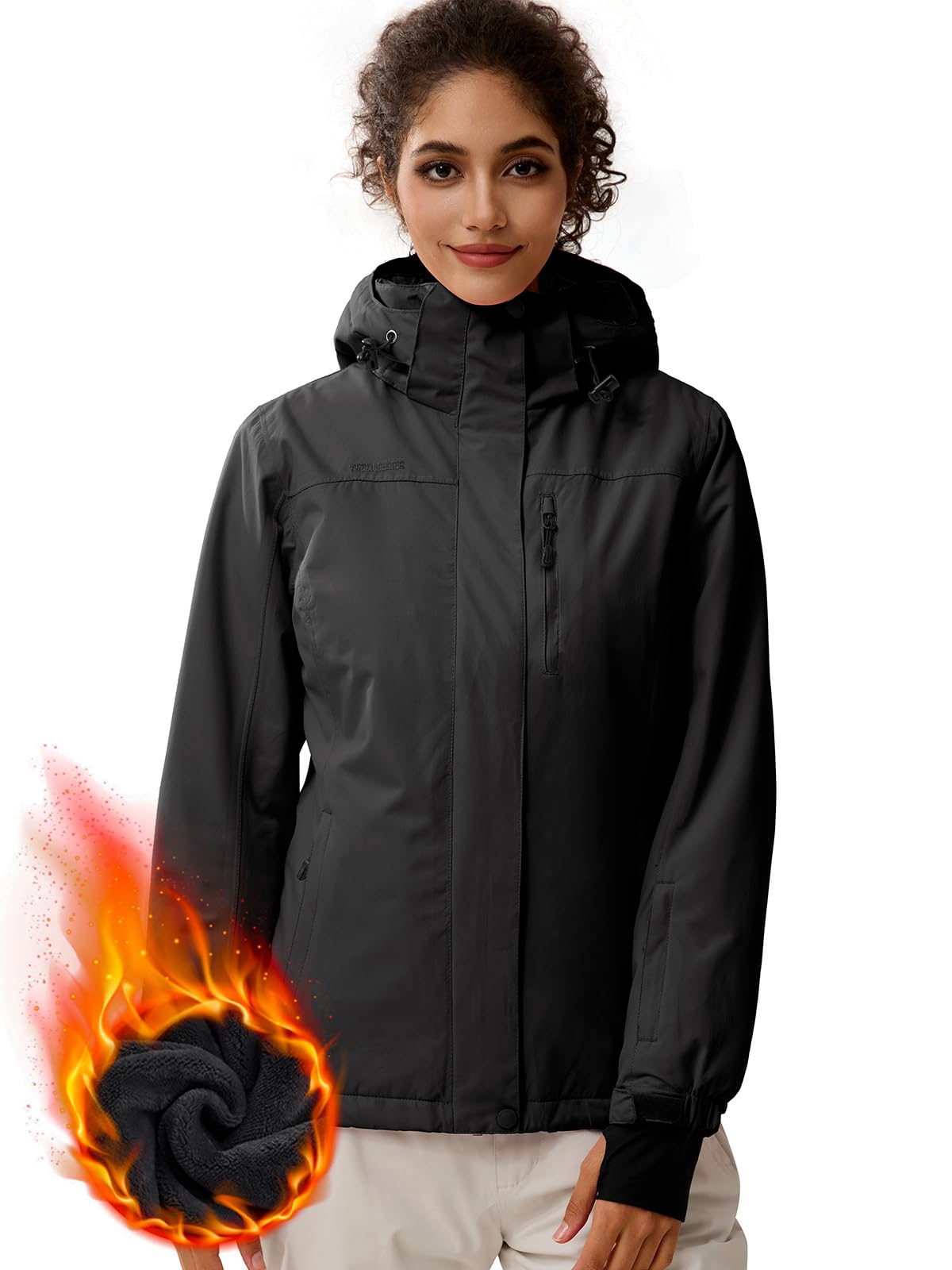 FREE SOLDIER Women's Waterproof Ski Snow Jacket Fleece Lined Warm Winter Rain Jacket with Hood Fully Taped Seams(Black,3XL)