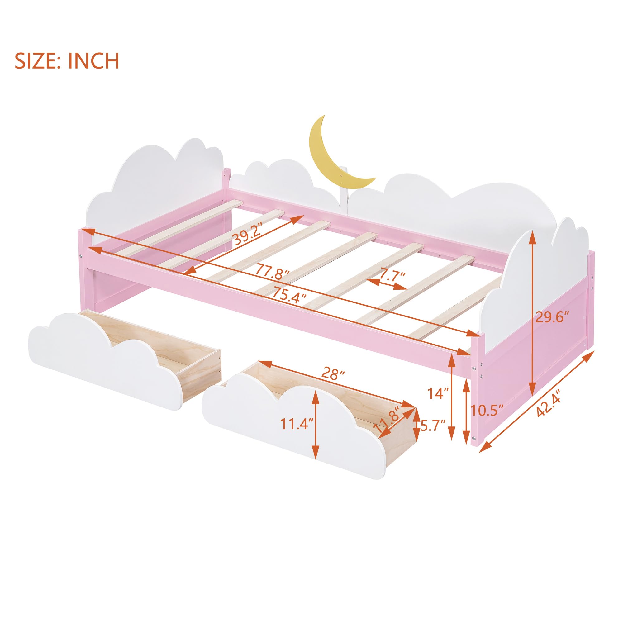 Yehha Twin Daybed for Kids, Solid Wood Bedframe w/Clouds and Moon Decor, 2 Storage Drawers, Cartoon Low Bed Frame for Boys & Girls Bedroom, Pink