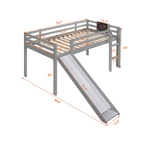 LostCat Twin Loft Bed with Slide, Wood Twin Bed Frame for Kids with Slide, Low Loft Bed with Stairs and Chalkboard, Space-Saving Wooden Child Bed Frame for Boys or Girls, Grey