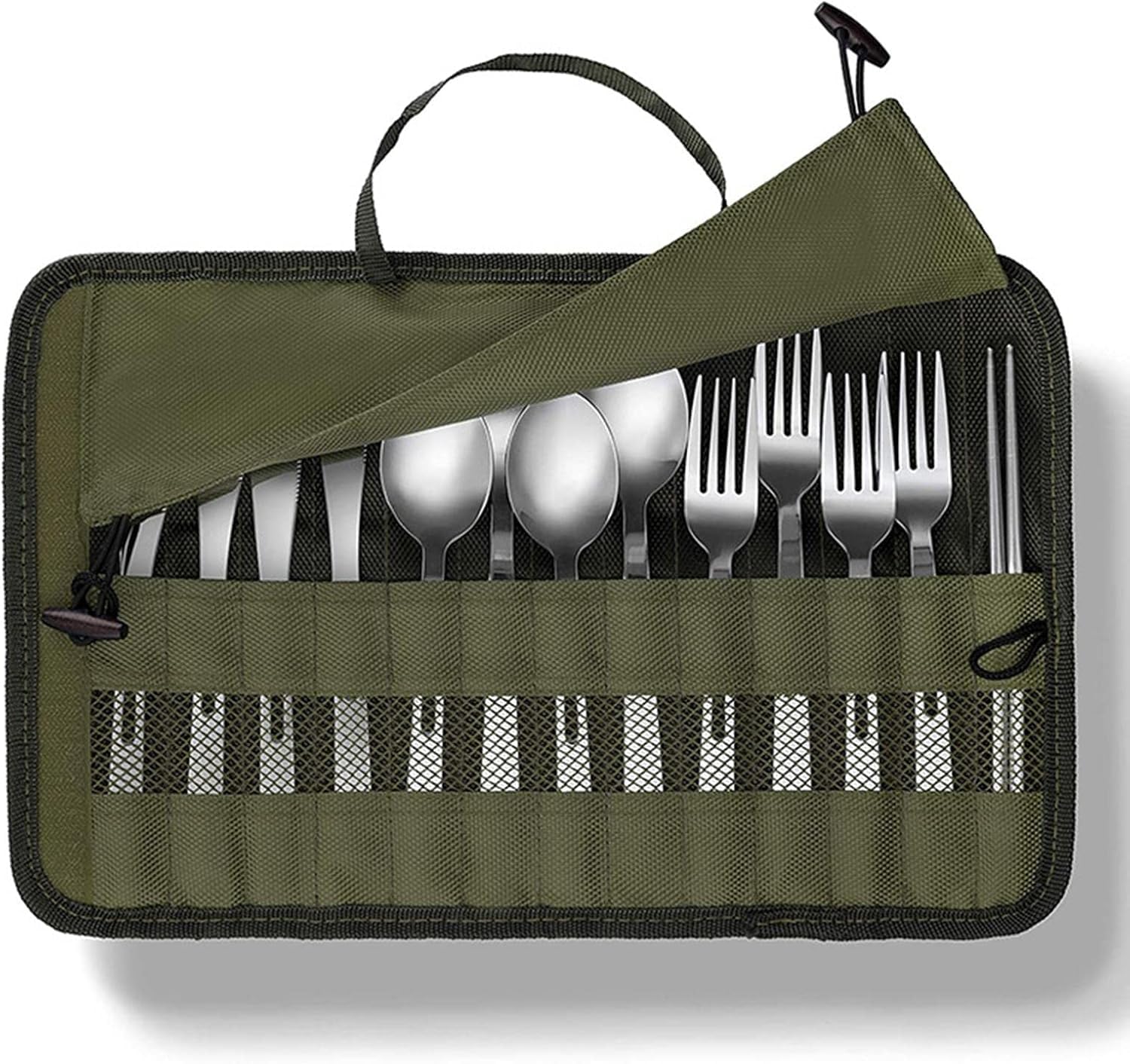 xiaoguozi Cutlery Storage Bag,Portable Polyester Roll Up Pouch Bag For Forks, Spoons, Chopstick,Water Resistant Storage Kitchen Cooking Utensil Set Travel Organizer, Army Green