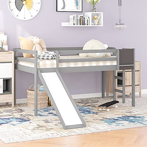 LostCat Twin Loft Bed with Slide, Wood Twin Bed Frame for Kids with Slide, Low Loft Bed with Stairs and Chalkboard, Space-Saving Wooden Child Bed Frame for Boys or Girls, Grey
