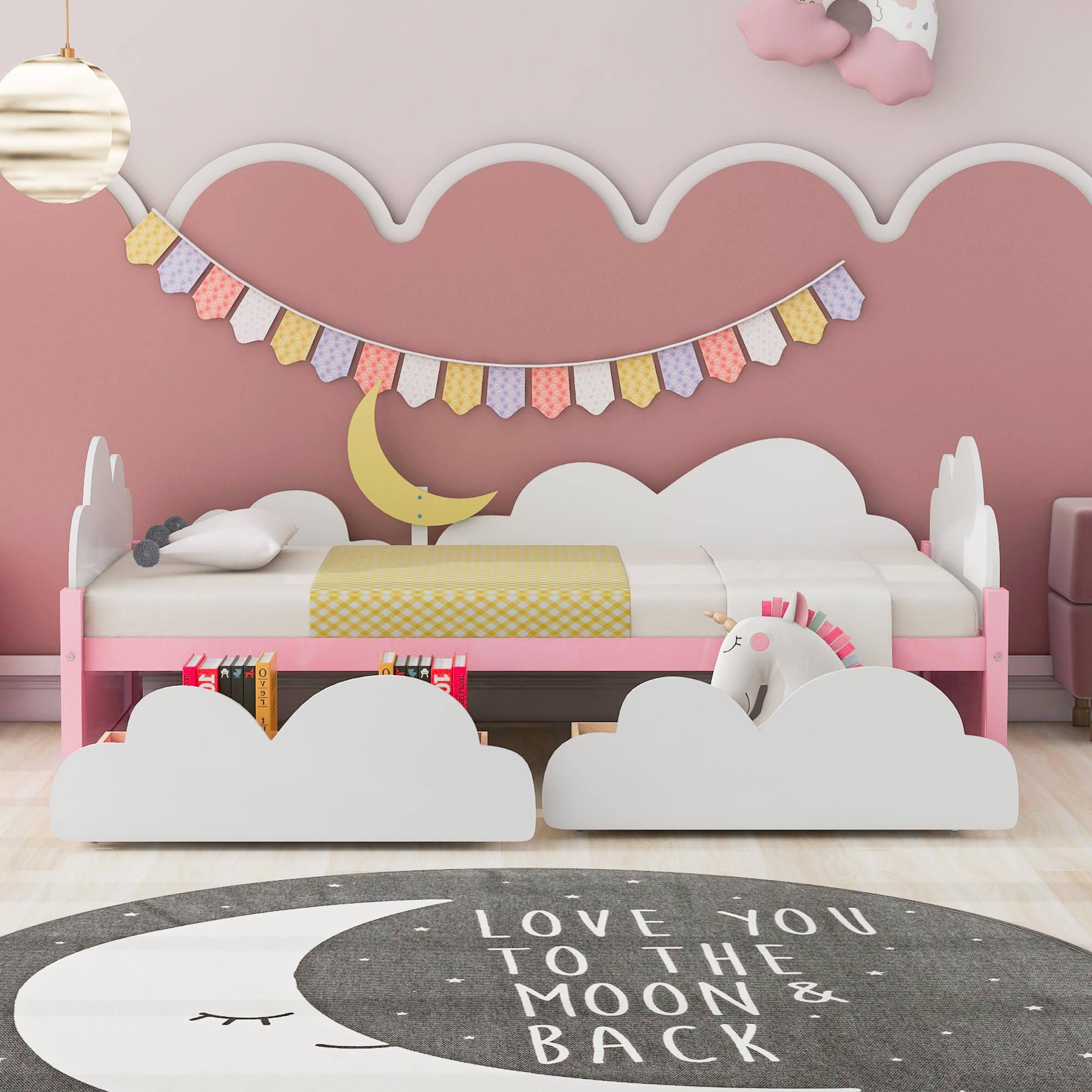 Yehha Twin Daybed for Kids, Solid Wood Bedframe w/Clouds and Moon Decor, 2 Storage Drawers, Cartoon Low Bed Frame for Boys & Girls Bedroom, Pink