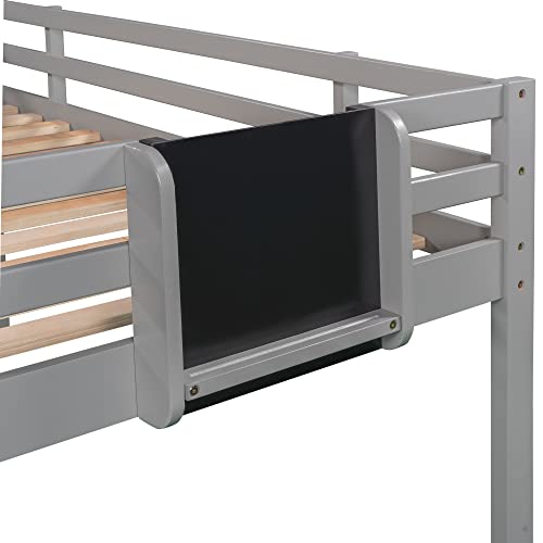LostCat Twin Loft Bed with Slide, Wood Twin Bed Frame for Kids with Slide, Low Loft Bed with Stairs and Chalkboard, Space-Saving Wooden Child Bed Frame for Boys or Girls, Grey