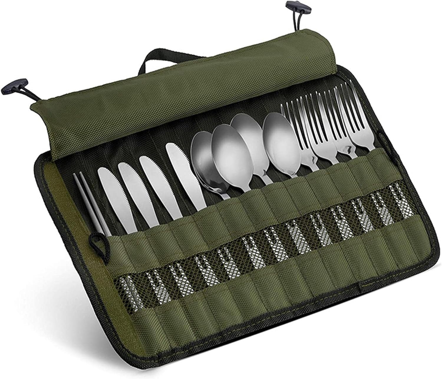 xiaoguozi Cutlery Storage Bag,Portable Polyester Roll Up Pouch Bag For Forks, Spoons, Chopstick,Water Resistant Storage Kitchen Cooking Utensil Set Travel Organizer, Army Green