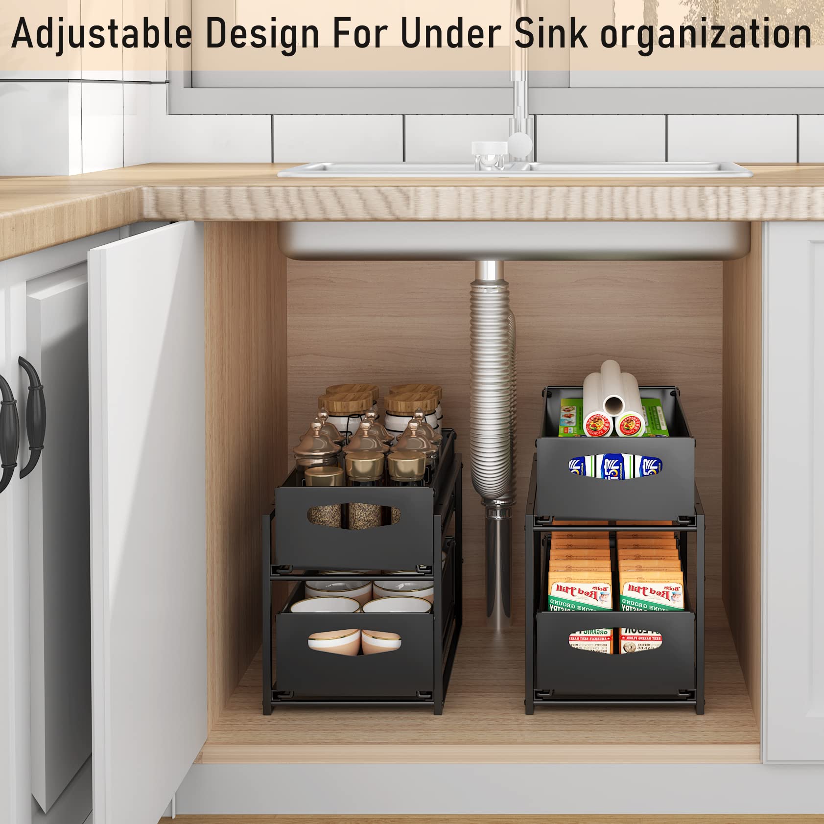 TidyEasy 2-Tier Under Sink Organizer with Sliding Storage Drawer,Pull Out Steel Basket with Simple Gear, Kitchen Bathroom Cabinet Storage (White)