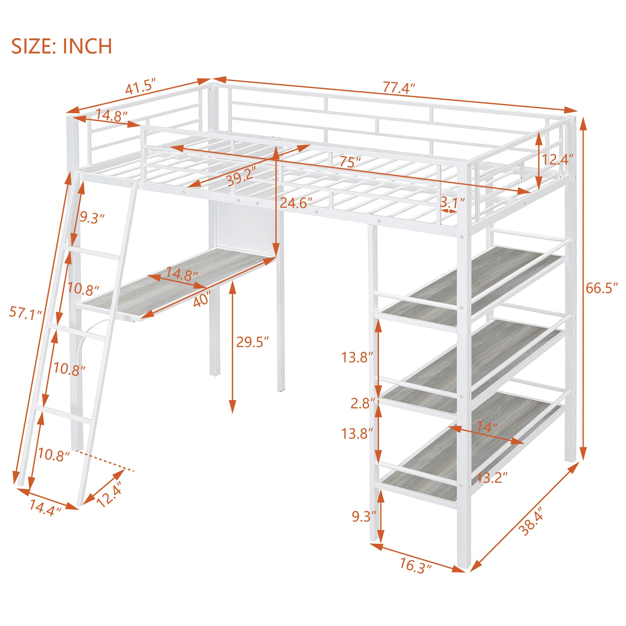 Harper & Bright Designs Metal Twin Size Loft Bed with Desk, Loft Bed Twin with 3 Layers of Shelves, Space Saving Twin Loft Bed with Desk Underneath and Whiteboard for Kids Girls,Boys,White