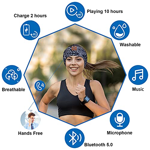 BULYPAZY Sleep Headphones Bluetooth Headband, Soft Wireless Bluetooth Headband Headphones Perfect for Side Sleeper, Boho Headband with HD Speakers for Workout, Running, Yoga, Meditation, Gift(Blue)
