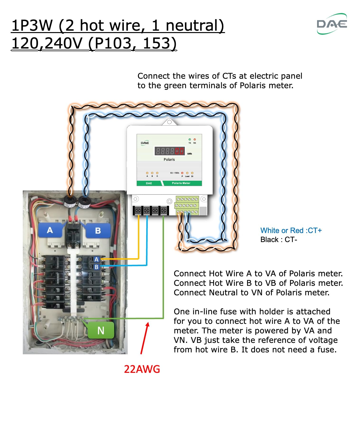DAE P153-200 KIT, UL kWh Smart Submeter, 1 phase 3 wire (2 hot wire, 1 neutral), 200A, 120/240v, 2 Split Core CTs, RS485