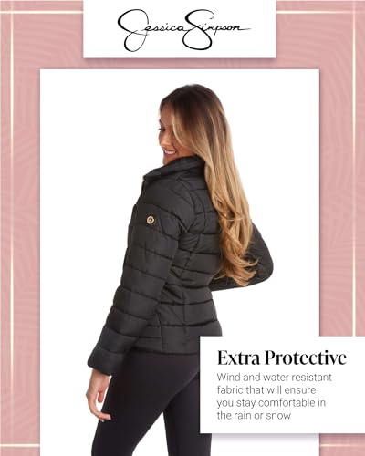 Jessica Simpson Women's Winter Jacket - Packable Quilted Puffer Jacket, Leopard Print Fleece Lining - Outerwear Coat (S-XL), Size Small, Black
