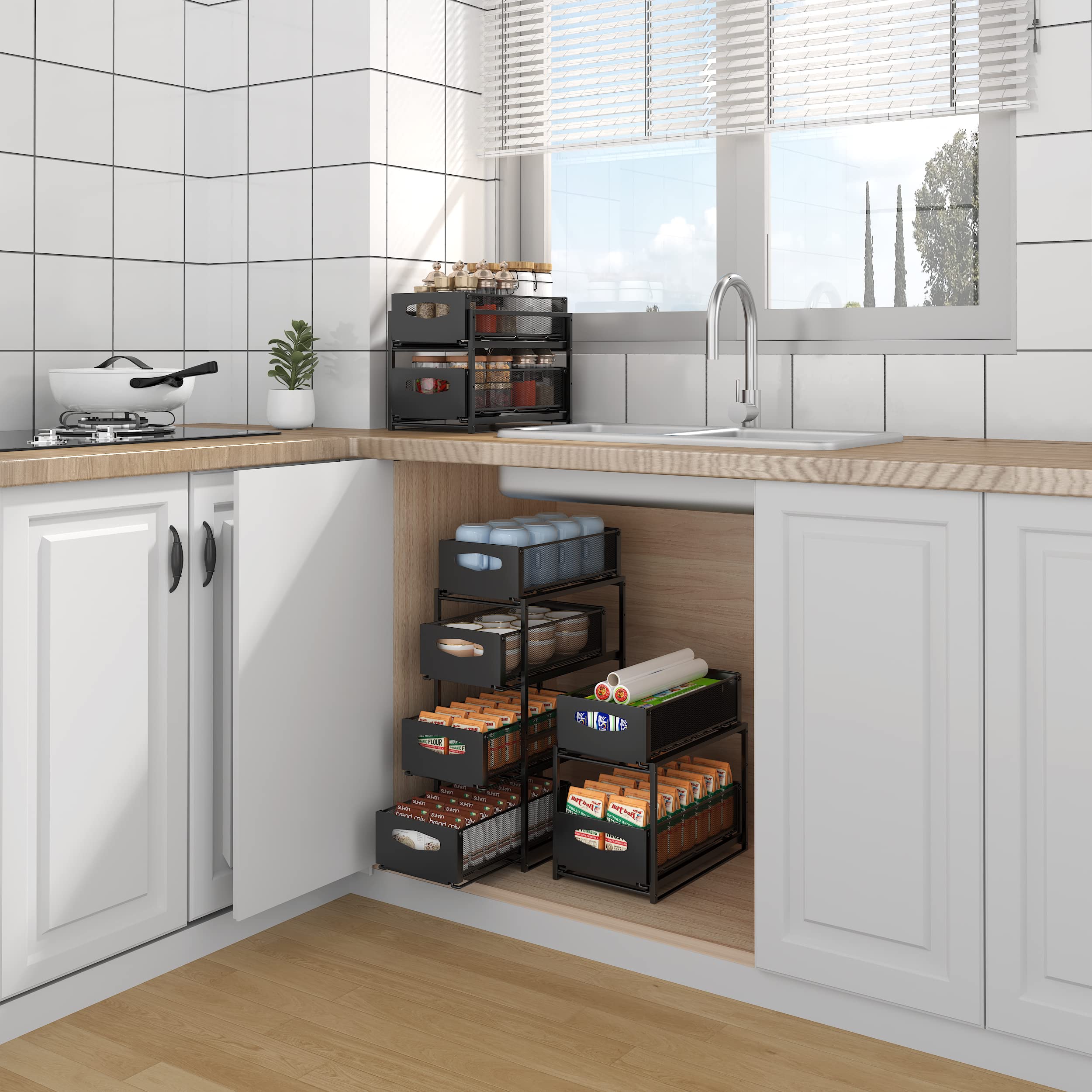 TidyEasy 2-Tier Under Sink Organizer with Sliding Storage Drawer,Pull Out Steel Basket with Simple Gear, Kitchen Bathroom Cabinet Storage (White)
