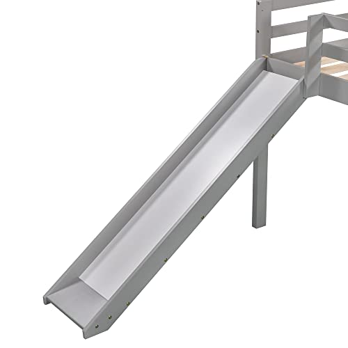 LostCat Twin Loft Bed with Slide, Wood Twin Bed Frame for Kids with Slide, Low Loft Bed with Stairs and Chalkboard, Space-Saving Wooden Child Bed Frame for Boys or Girls, Grey