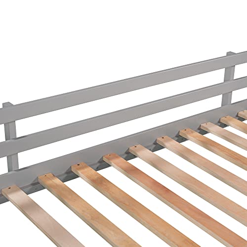 LostCat Twin Loft Bed with Slide, Wood Twin Bed Frame for Kids with Slide, Low Loft Bed with Stairs and Chalkboard, Space-Saving Wooden Child Bed Frame for Boys or Girls, Grey