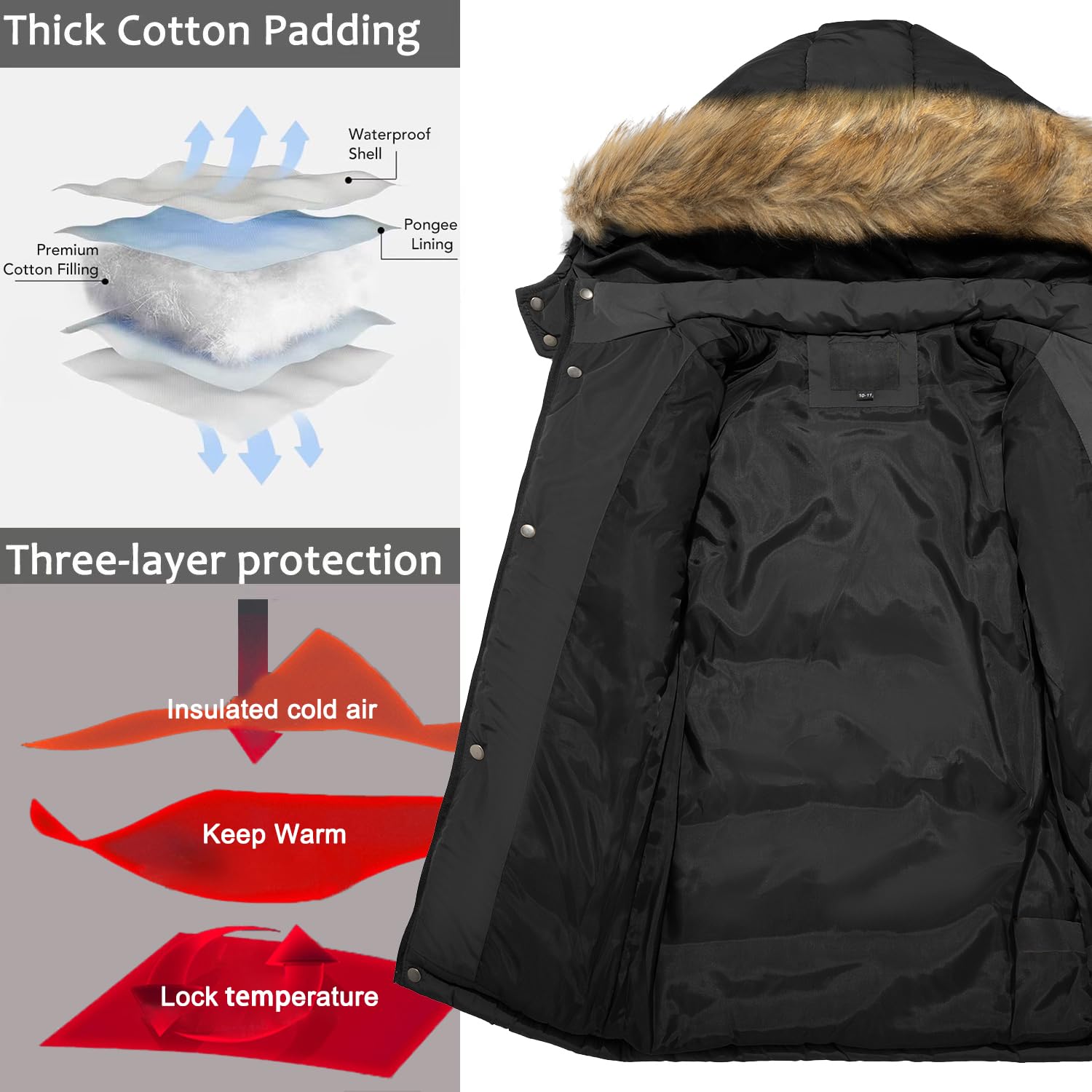 FARVALUE Boy Winter Coat Warm Quilted Puffer Water Resistant Parka Jacket with Detachable Fur Hood for Big Boys Black 10-11 Years