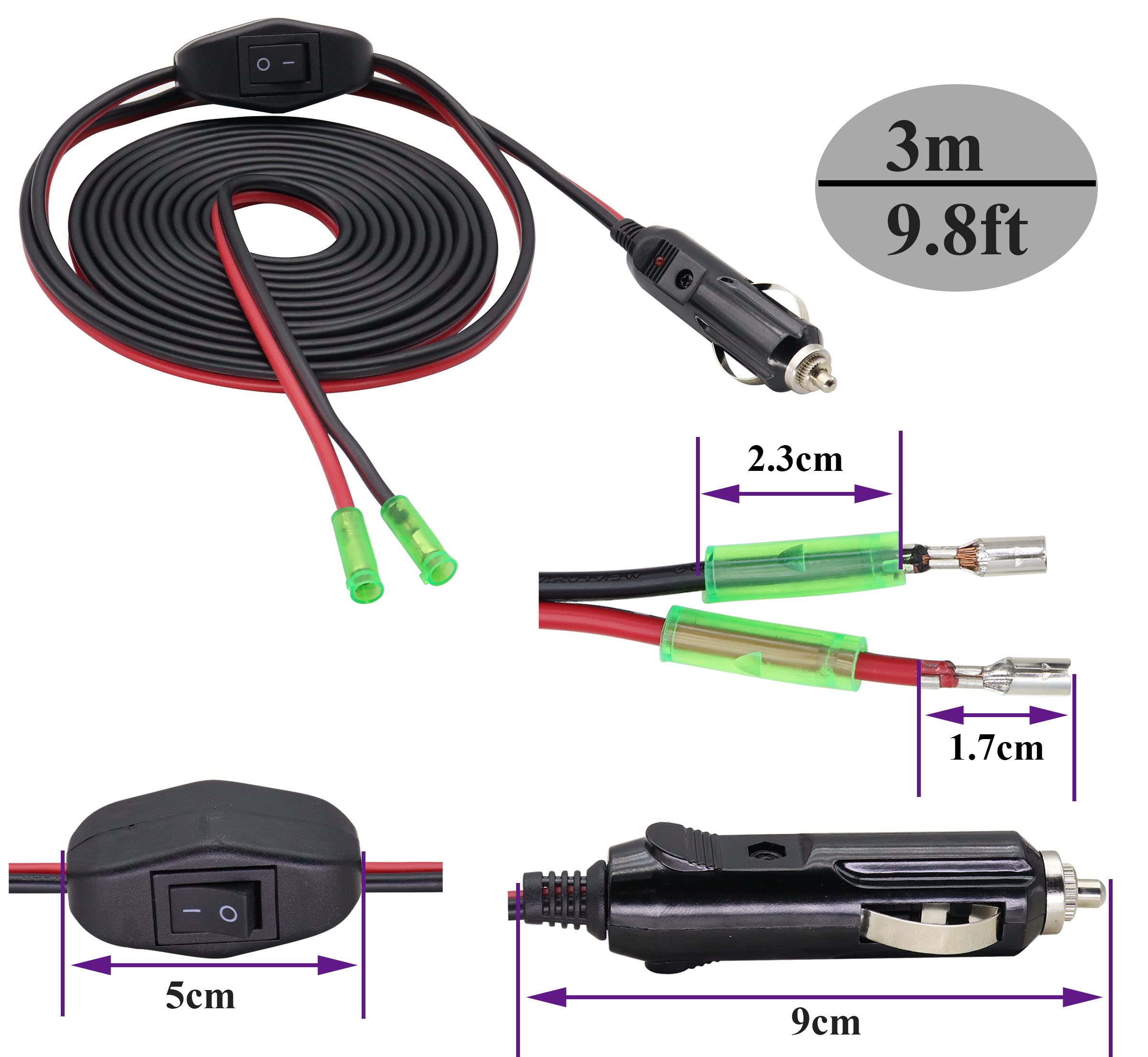 AAOTOKK 12V Male Cigarette Lighter Plug Cable with LED Light,16AWG &10A Fused Replacement Cigarette Lighter Male Plug Adapter to 4mm Interface Leads Plug Extension Cable with Switch(3M/10ft-Leads)