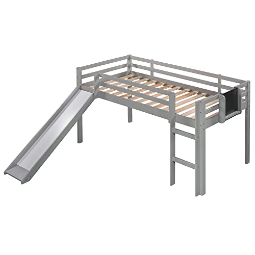 LostCat Twin Loft Bed with Slide, Wood Twin Bed Frame for Kids with Slide, Low Loft Bed with Stairs and Chalkboard, Space-Saving Wooden Child Bed Frame for Boys or Girls, Grey