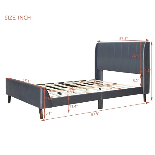 WADRI Modern Full Size Upholstered Platform Bed with Headboard and Footboard, Velvet Upholstered Bed with Wood Slats Support for Kids Teens Boys Girls Bedroom, Easy Assembly (Gray + Upholstered-6)