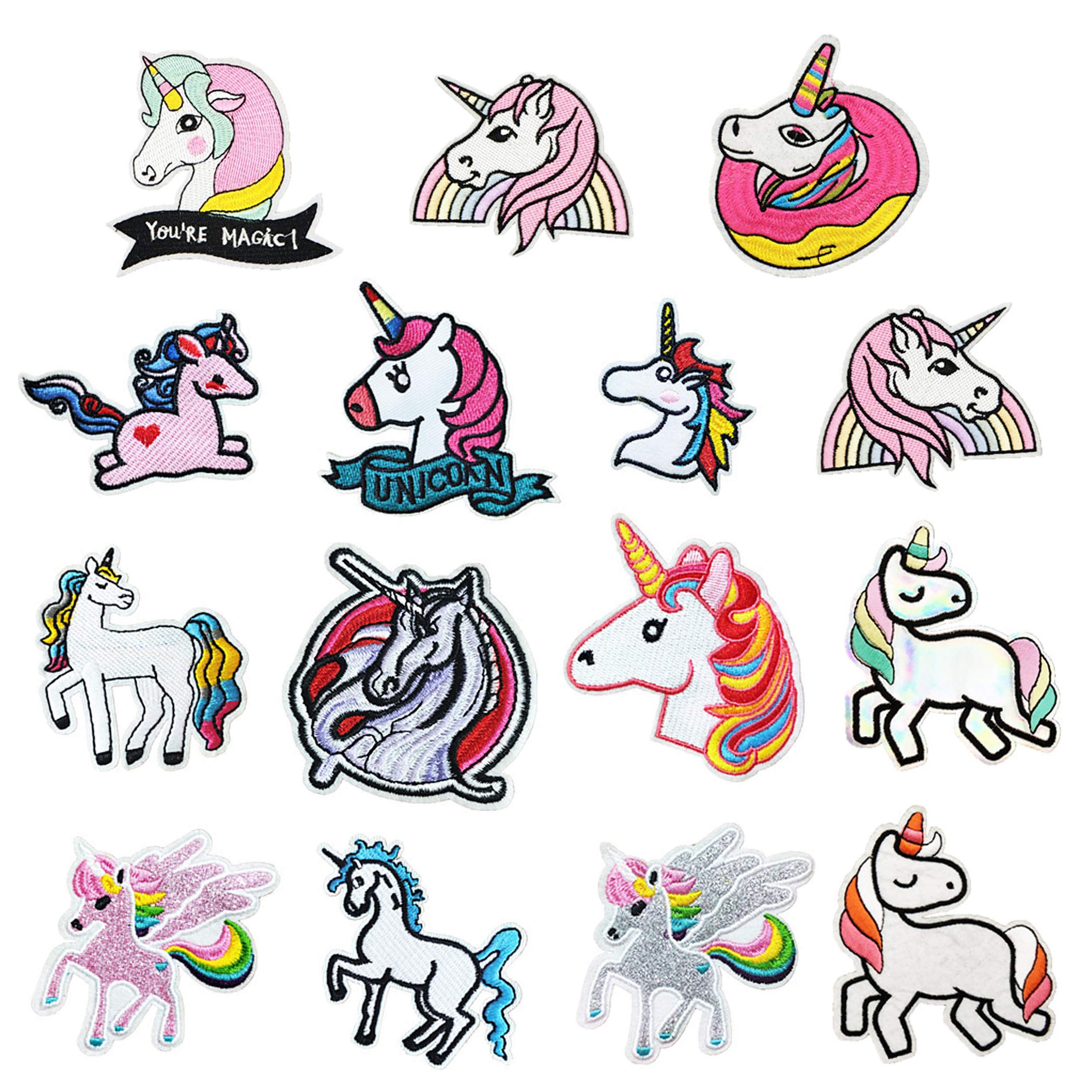 Flyyee 15pcs Iron On Patches Embroidered Sew On Patches Set,Unicorn Patch Applique Assorted Size for Backpacks,Clothing