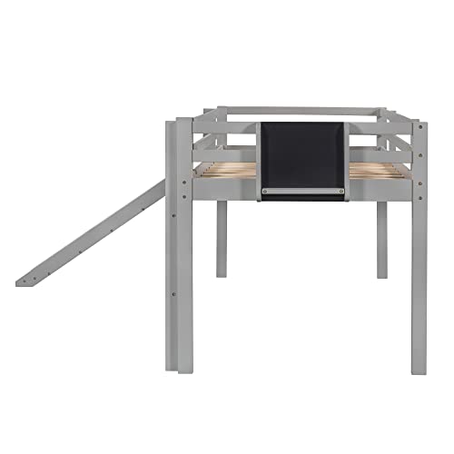 LostCat Twin Loft Bed with Slide, Wood Twin Bed Frame for Kids with Slide, Low Loft Bed with Stairs and Chalkboard, Space-Saving Wooden Child Bed Frame for Boys or Girls, Grey