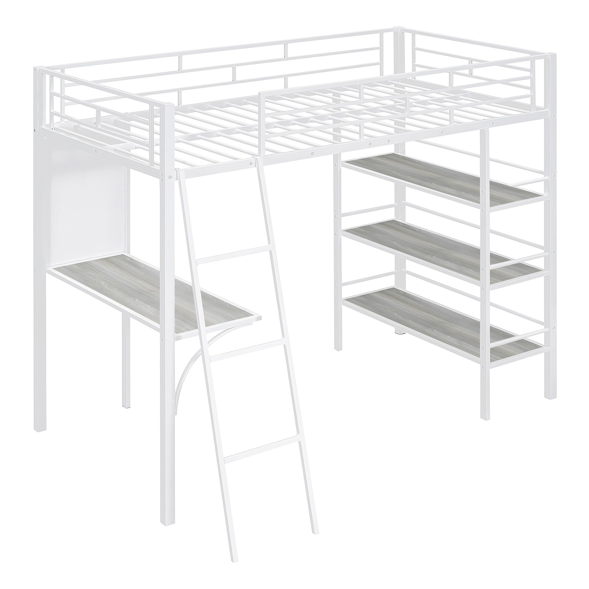 Harper & Bright Designs Metal Twin Size Loft Bed with Desk, Loft Bed Twin with 3 Layers of Shelves, Space Saving Twin Loft Bed with Desk Underneath and Whiteboard for Kids Girls,Boys,White